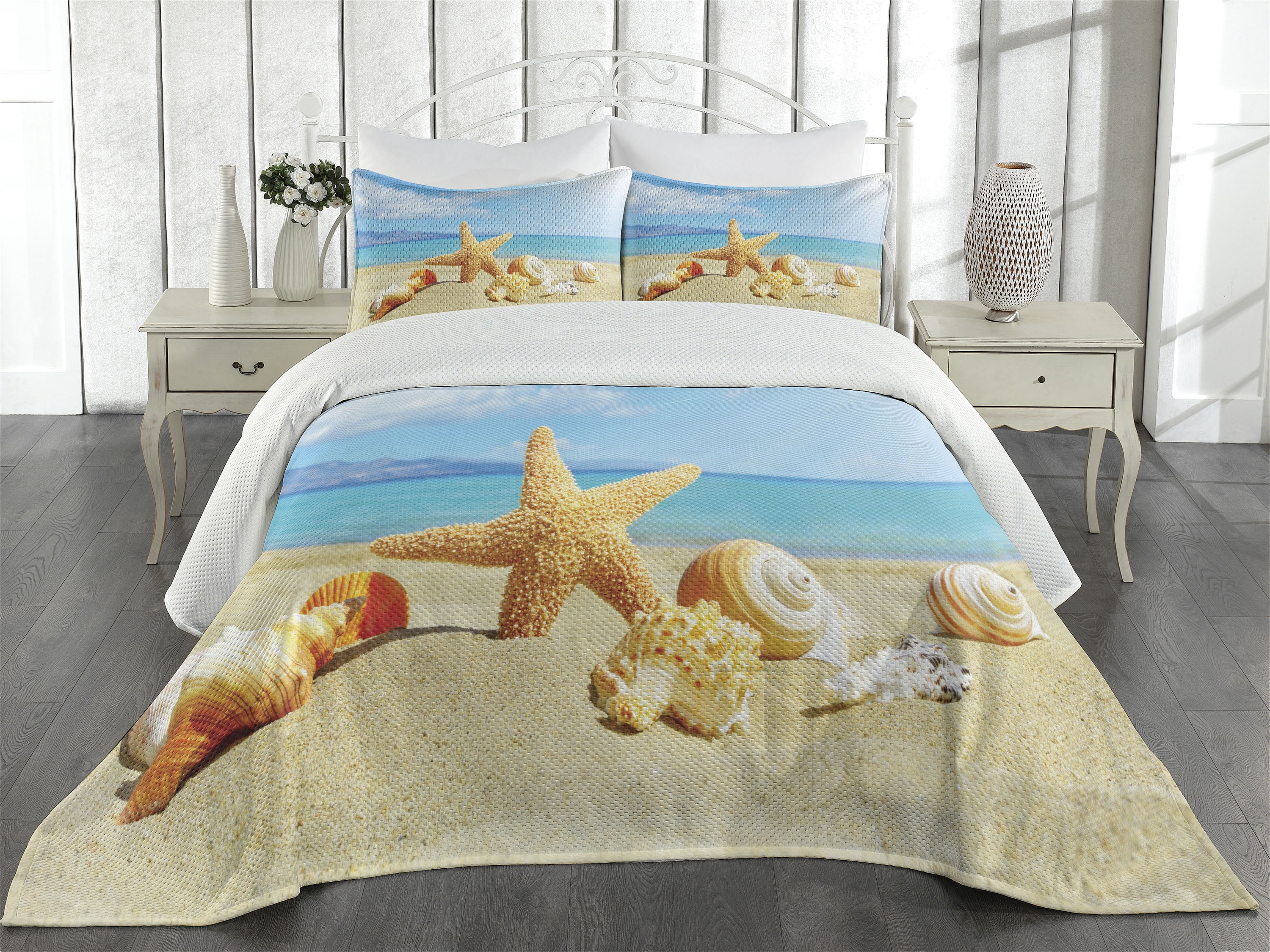 Ambesonne Summer Quilted Coverlet 3 Pcs, Beach Sand with Starfish ...