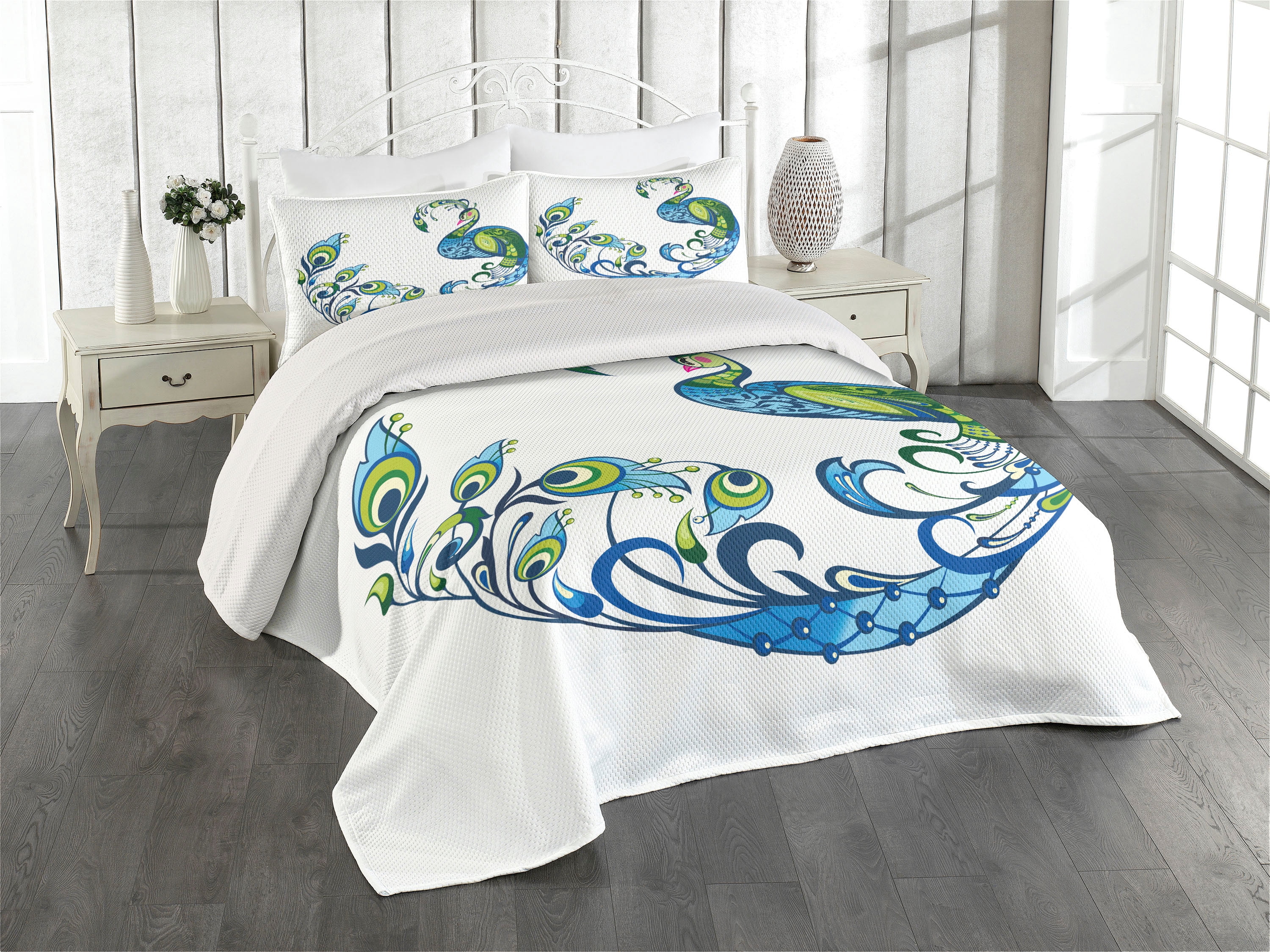 Ambesonne Summer Quilted Coverlet 3 Pcs, Colorful Peacock Tropic, Queen ...