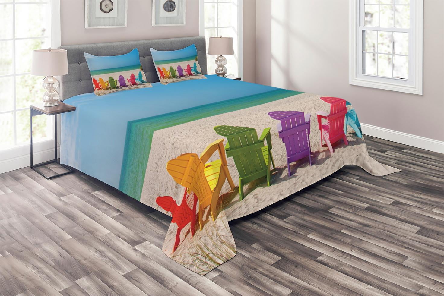 Ambesonne Summer Quilted Coverlet 3 Pcs, Colorful Wooden Deckchairs ...