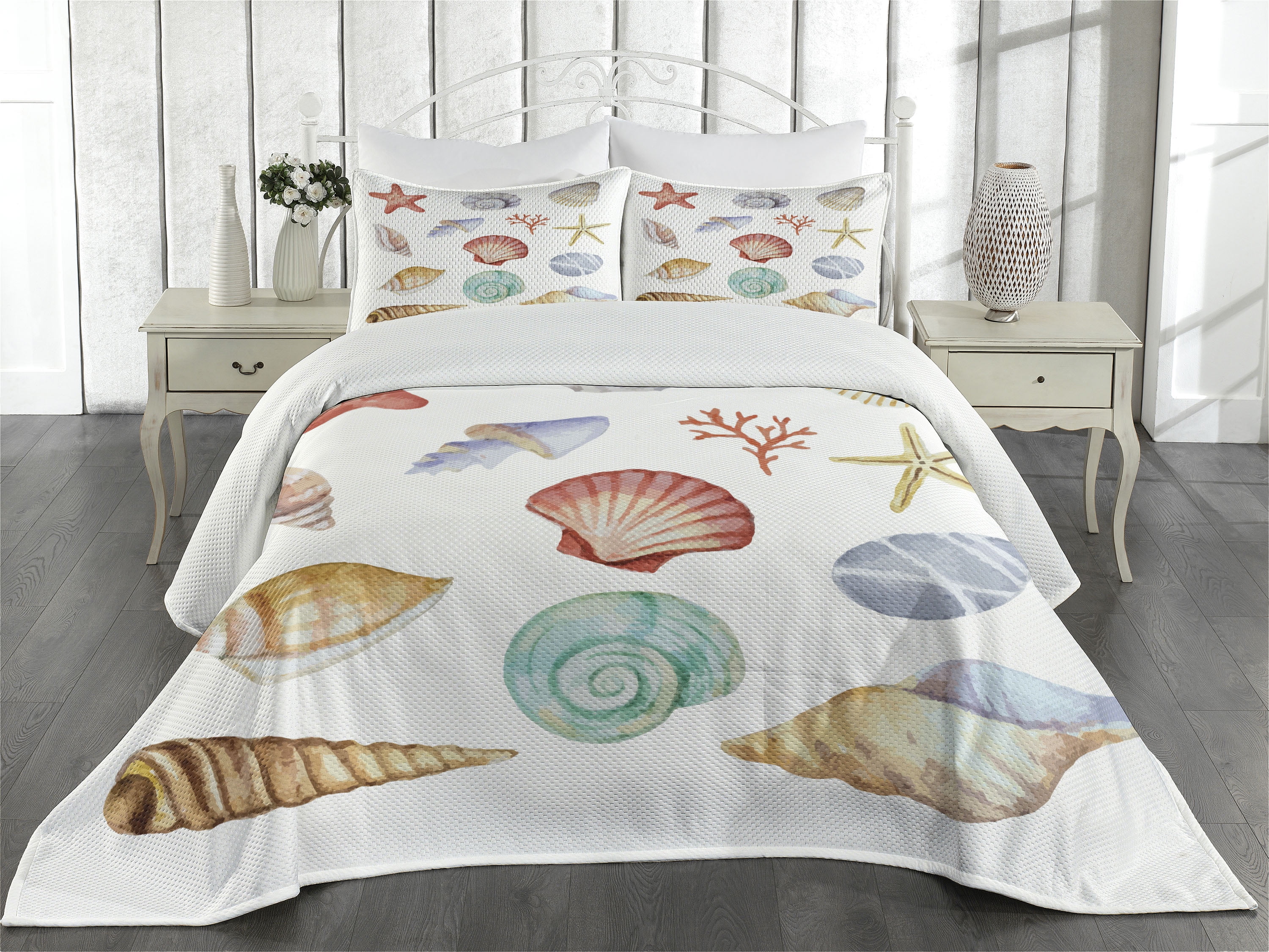 Ambesonne Summer Quilted Coverlet 3 Pcs, Seashells Exotic Animals, King ...