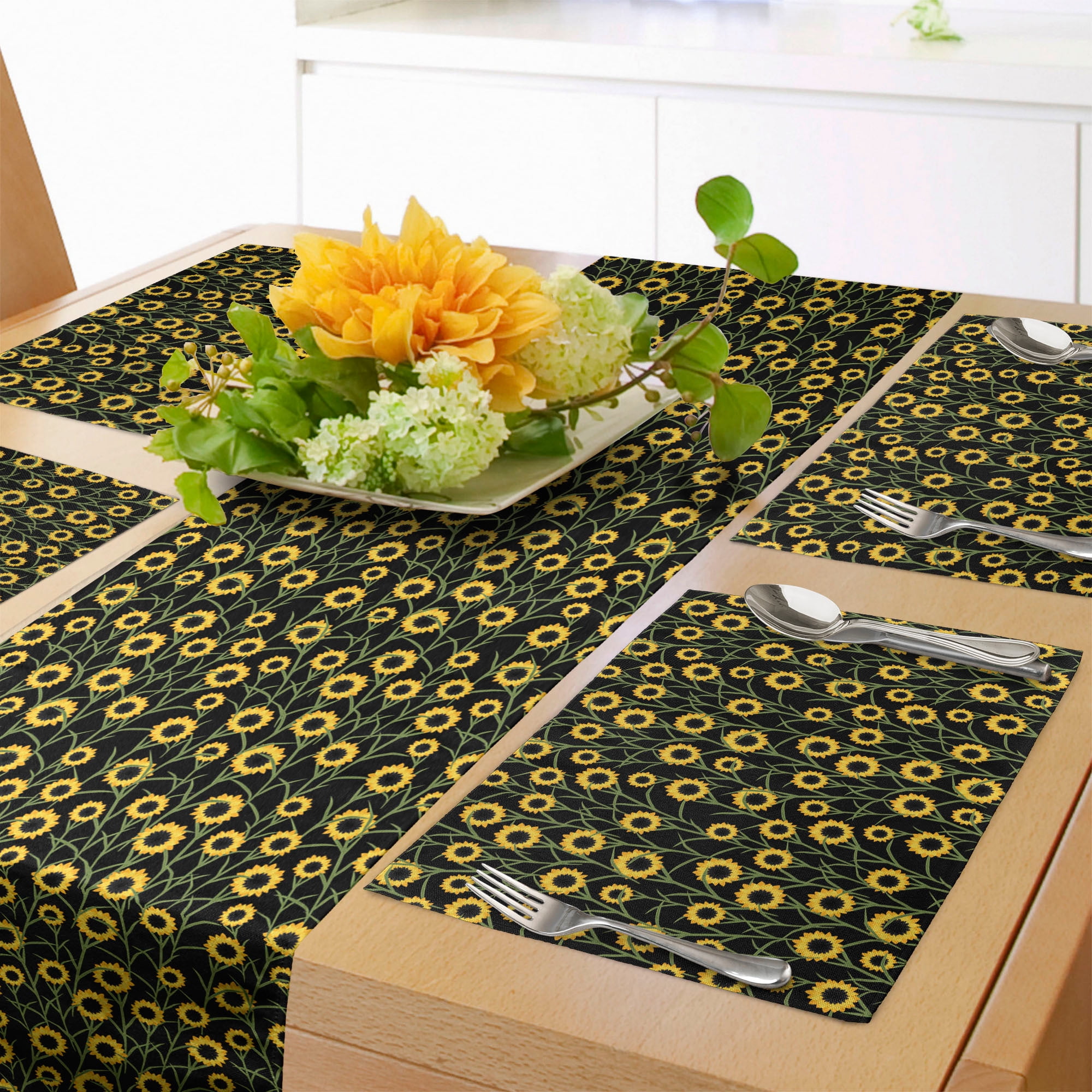 Ambesonne Summer Table Runner & Placemats, Flowering Sunflowers Garden ...