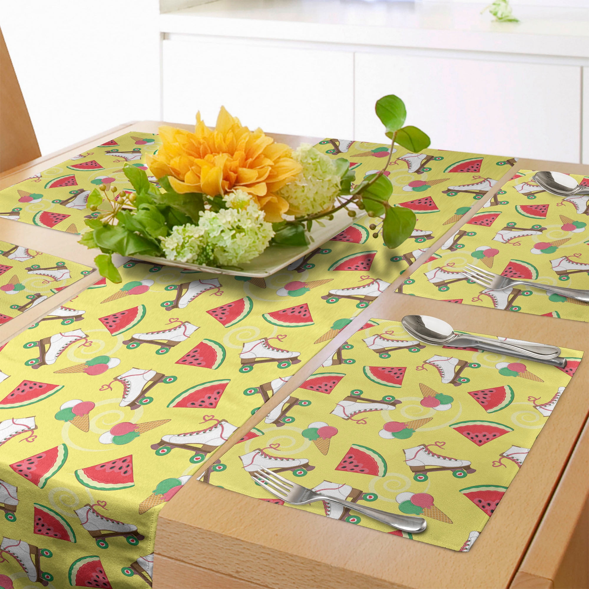 Ambesonne Summer Table Runner & Placemats, Ice Cream and Roller Skates ...