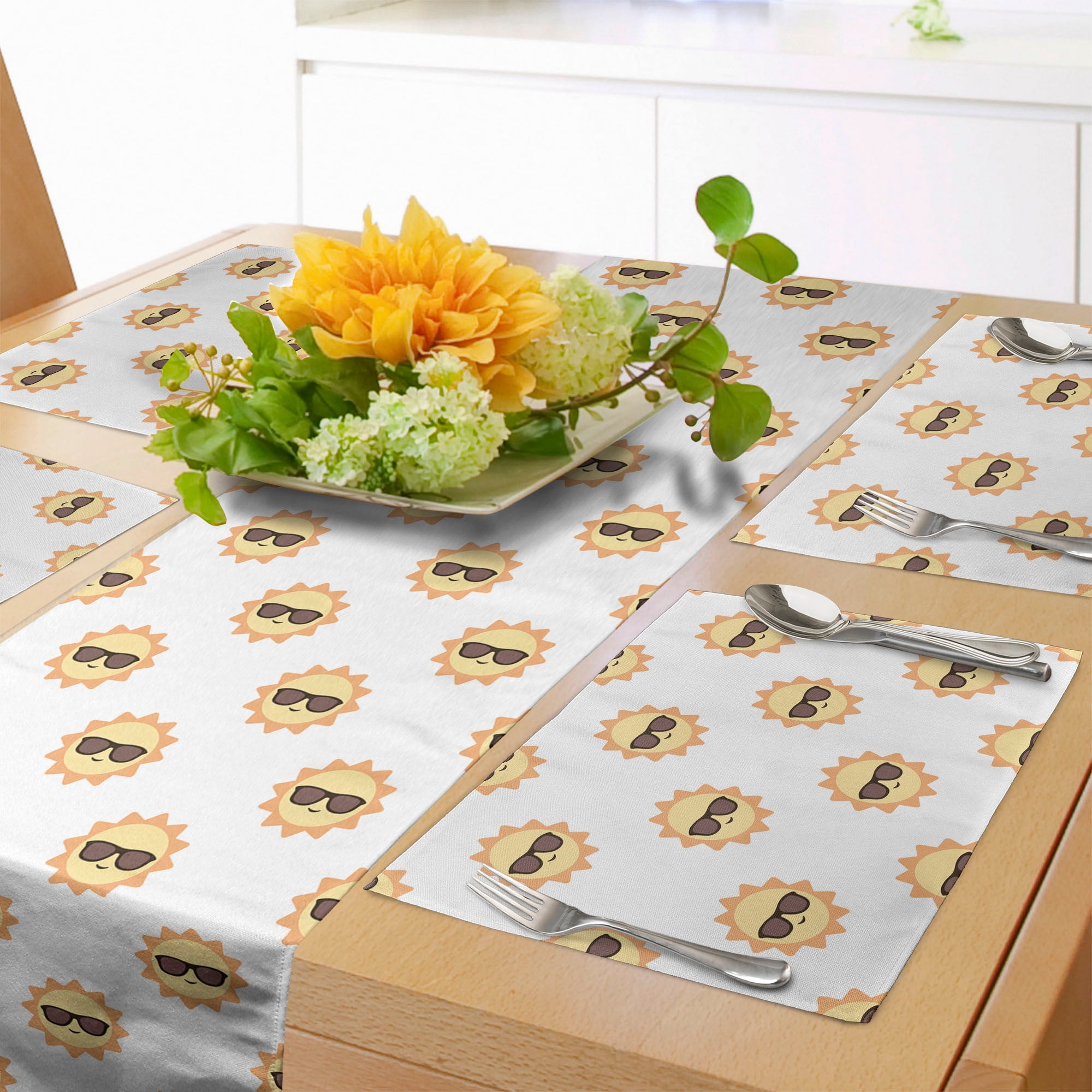 Ambesonne Summer Table Runner & Placemats, Smiling Suns Wear Glasses ...