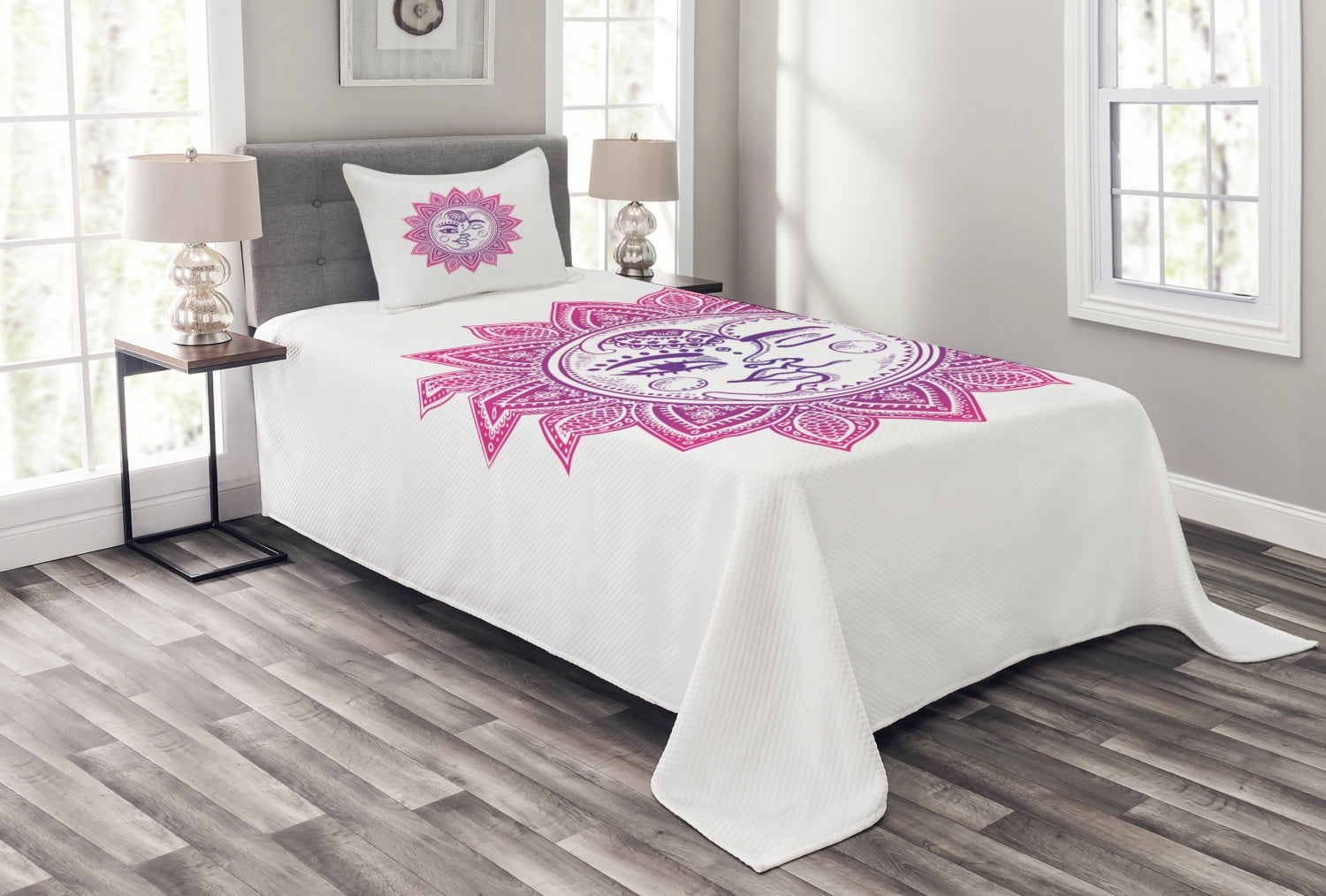 Ambesonne Sun Quilted Bedspread Set 2 Pcs, Celestial Elements Floral ...