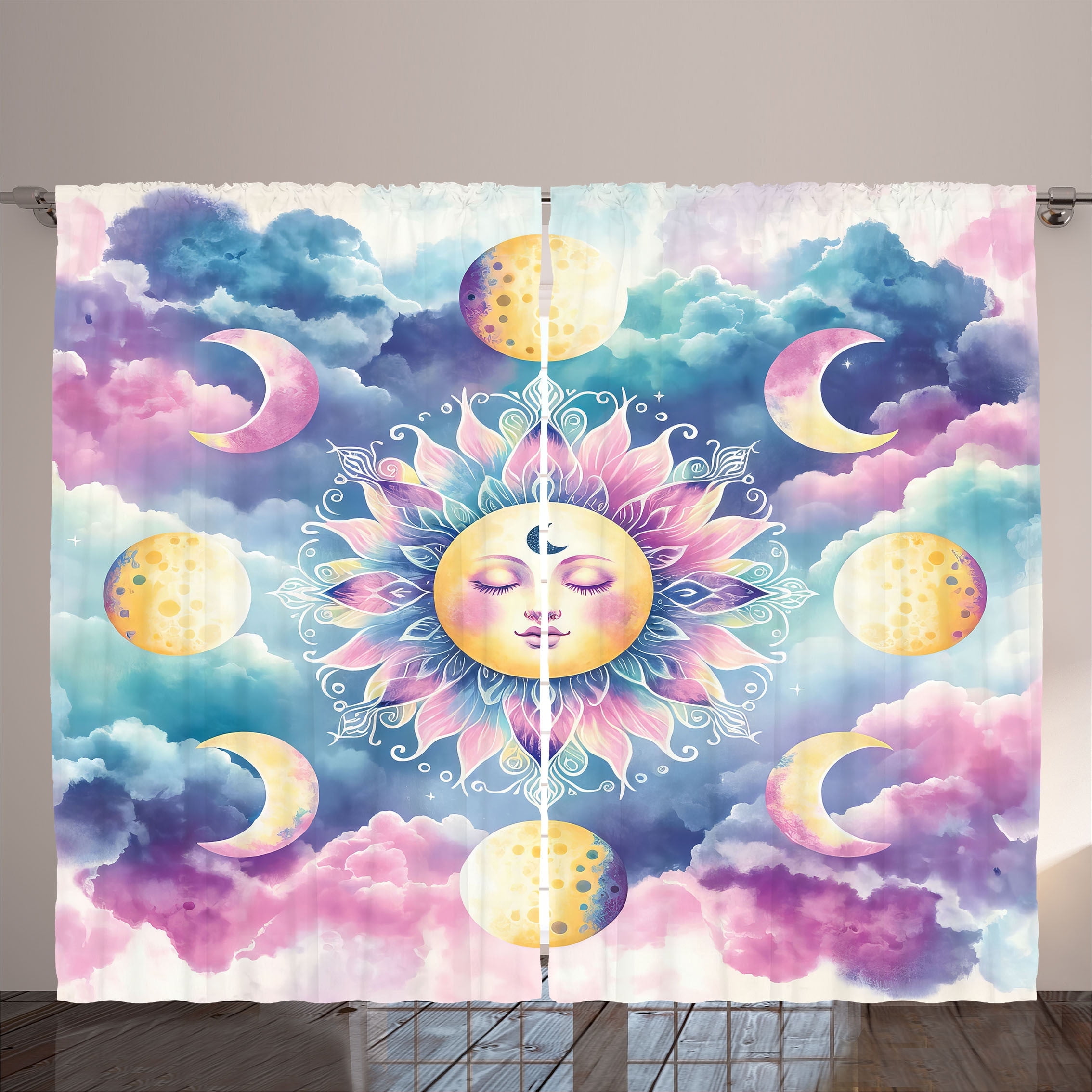 Ambesonne Sun and Moon Curtains 2 Panel Set, Boho Sky Clouds Lunar, 108 ...
