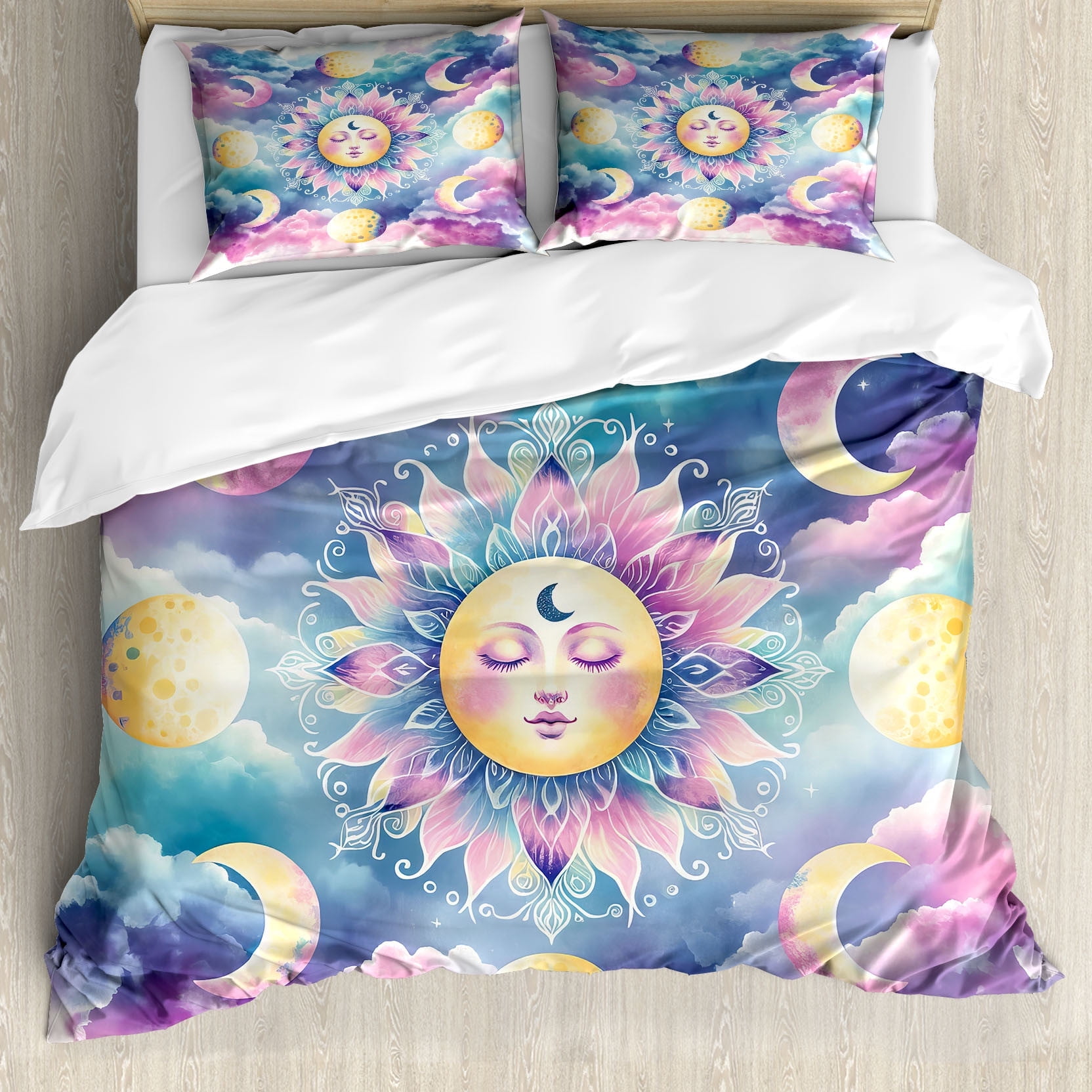 Ambesonne Sun and Moon Duvet Cover Set, Boho Sky Clouds Lunar, Queen ...