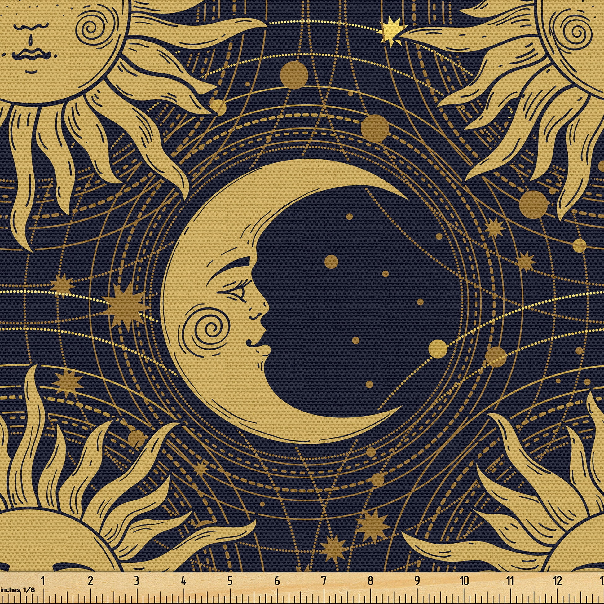 Ambesonne Sun and Moon Fabric by the Yard Upholstery, Gold Tone Lunar ...