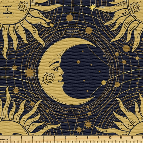 Ambesonne Sun and Moon Fabric by the Yard Upholstery, Gold Tone Lunar ...