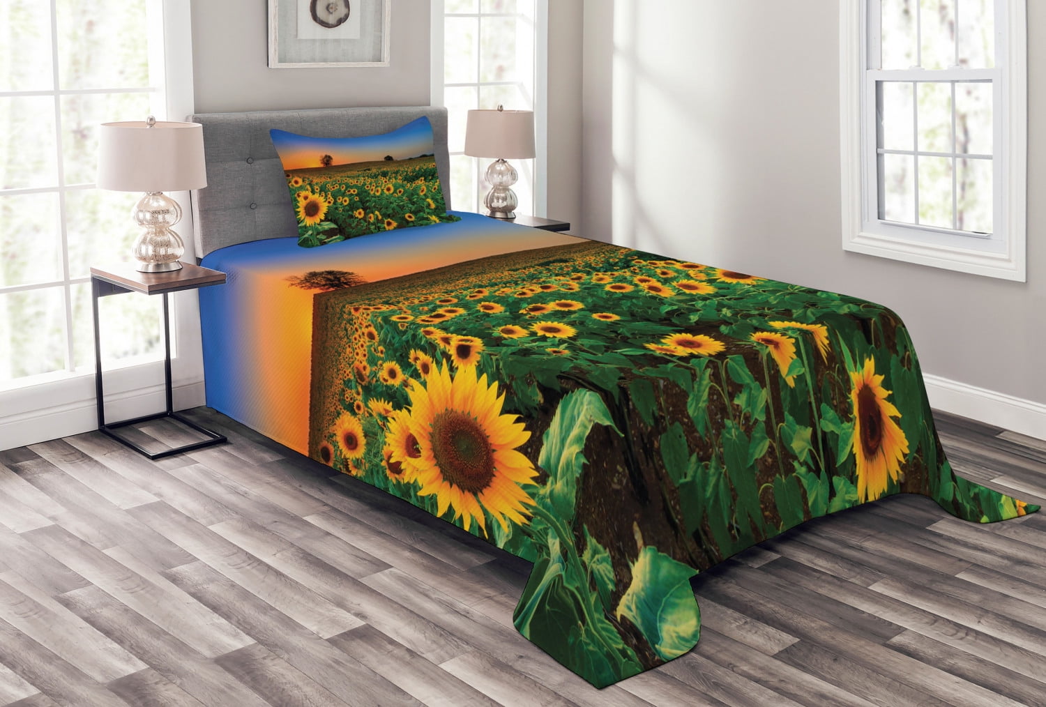 Ambesonne Sunflower Quilted Bedspread Set 2 Pcs, Flower Field at Sunset ...