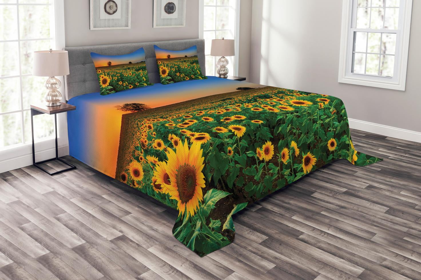Ambesonne Sunflower Quilted Bedspread Set 3 Pcs, Flower Field at Sunset ...