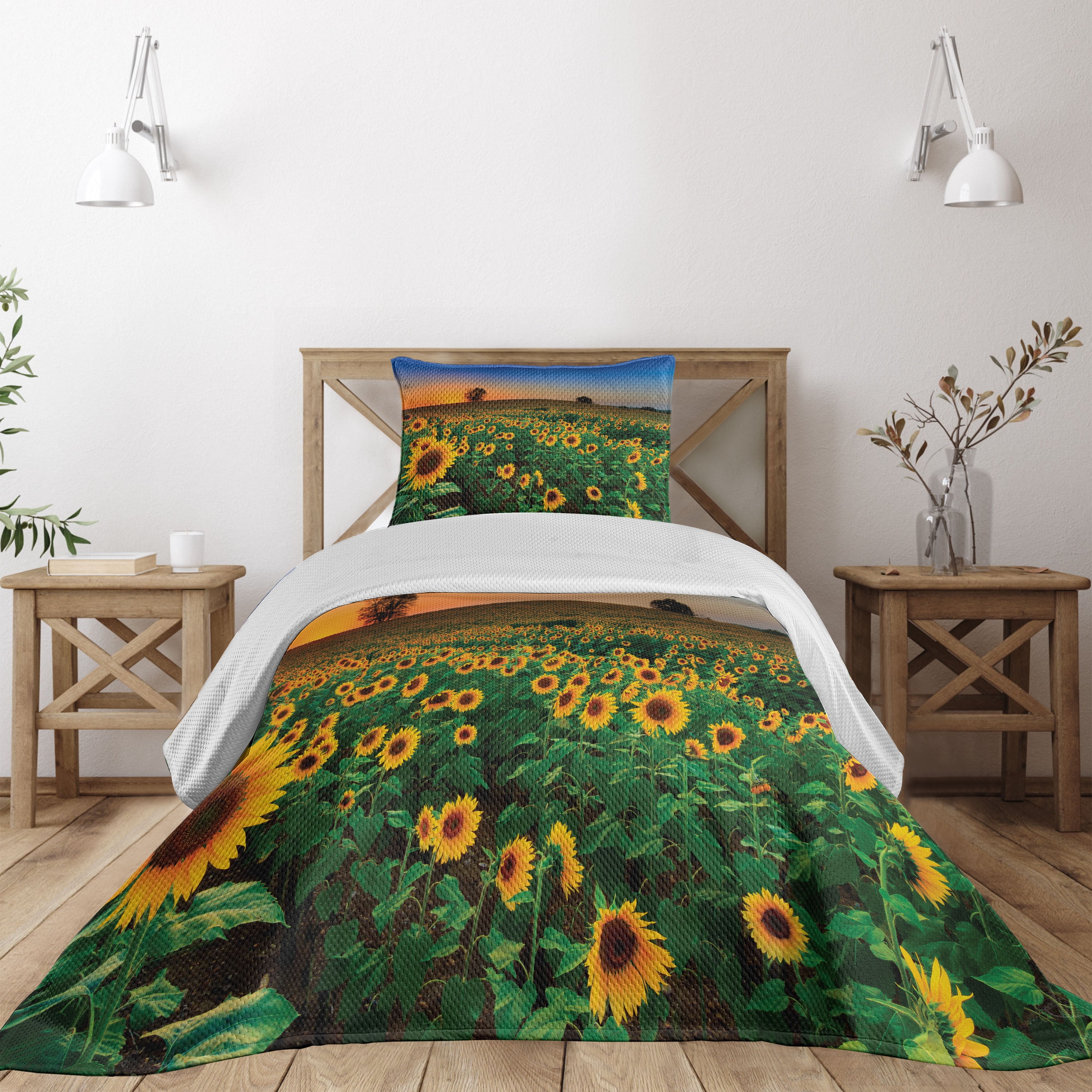 Ambesonne Sunflower Quilted Coverlet 2 Pcs, Flower Field at Sunset ...