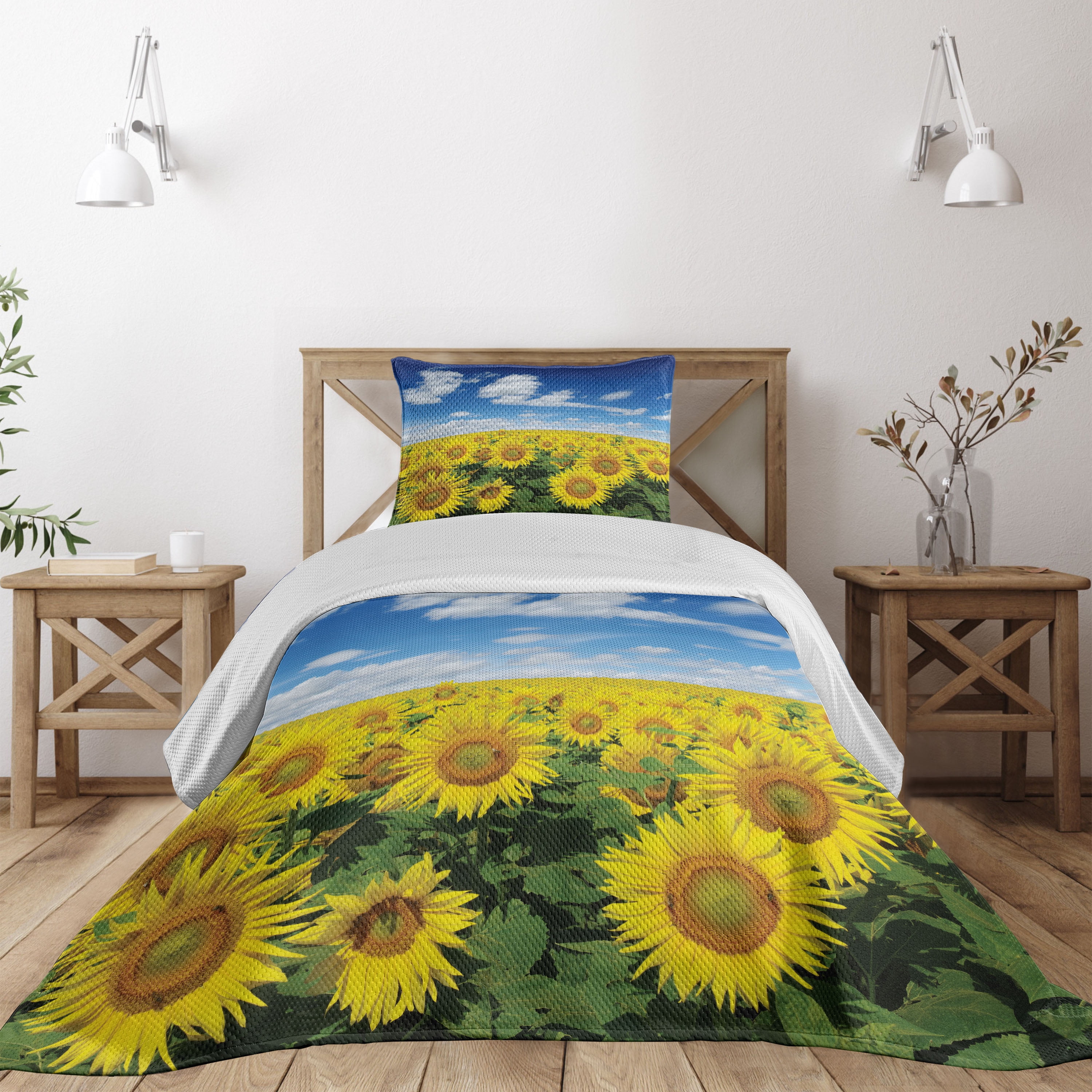 Ambesonne Sunflower Quilted Coverlet 2 Pcs, Fresh Field Country, Twin ...