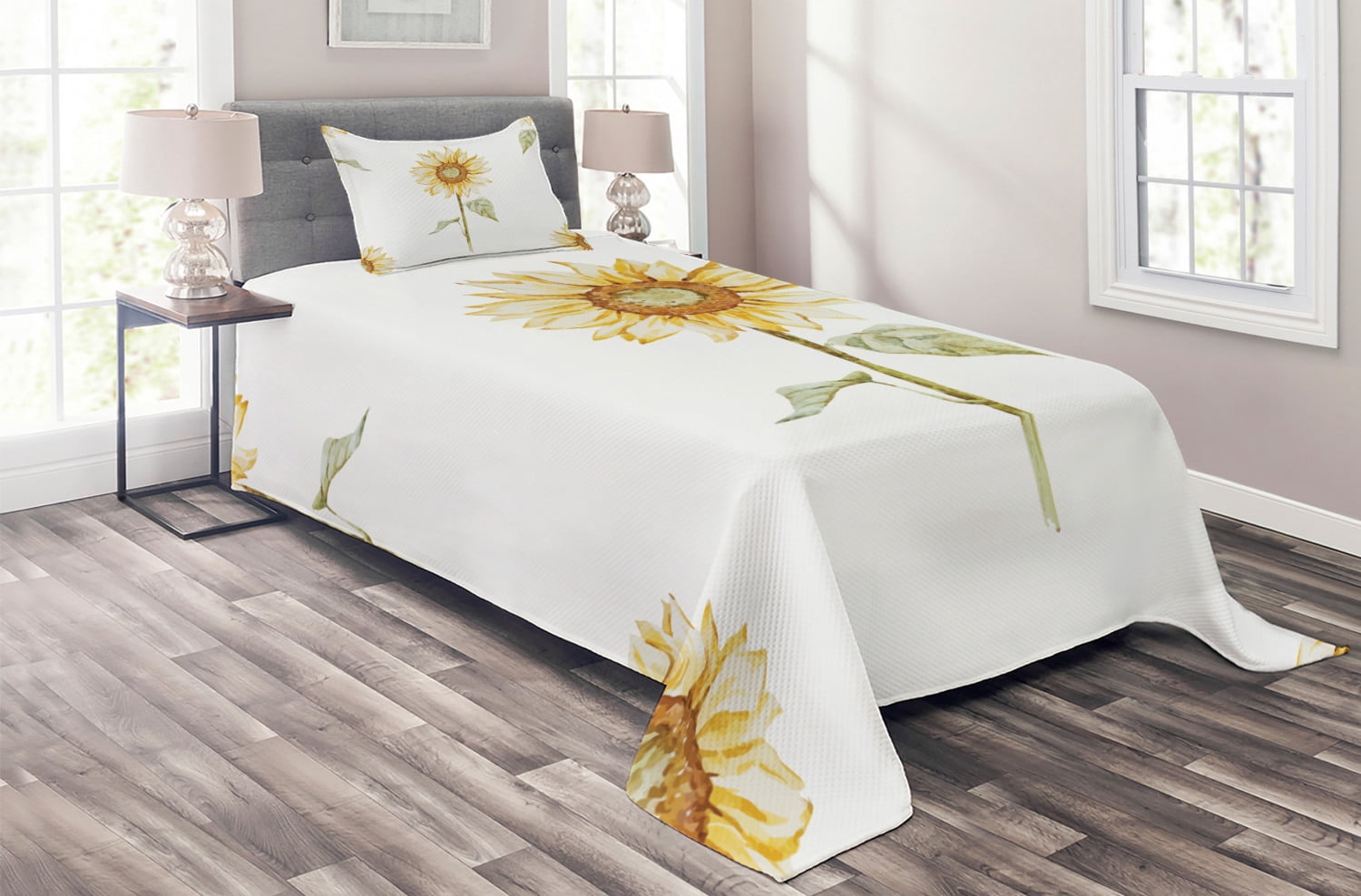 Ambesonne Sunflower Quilted Coverlet 2 Pcs, Minimalistic Art, Twin Size ...