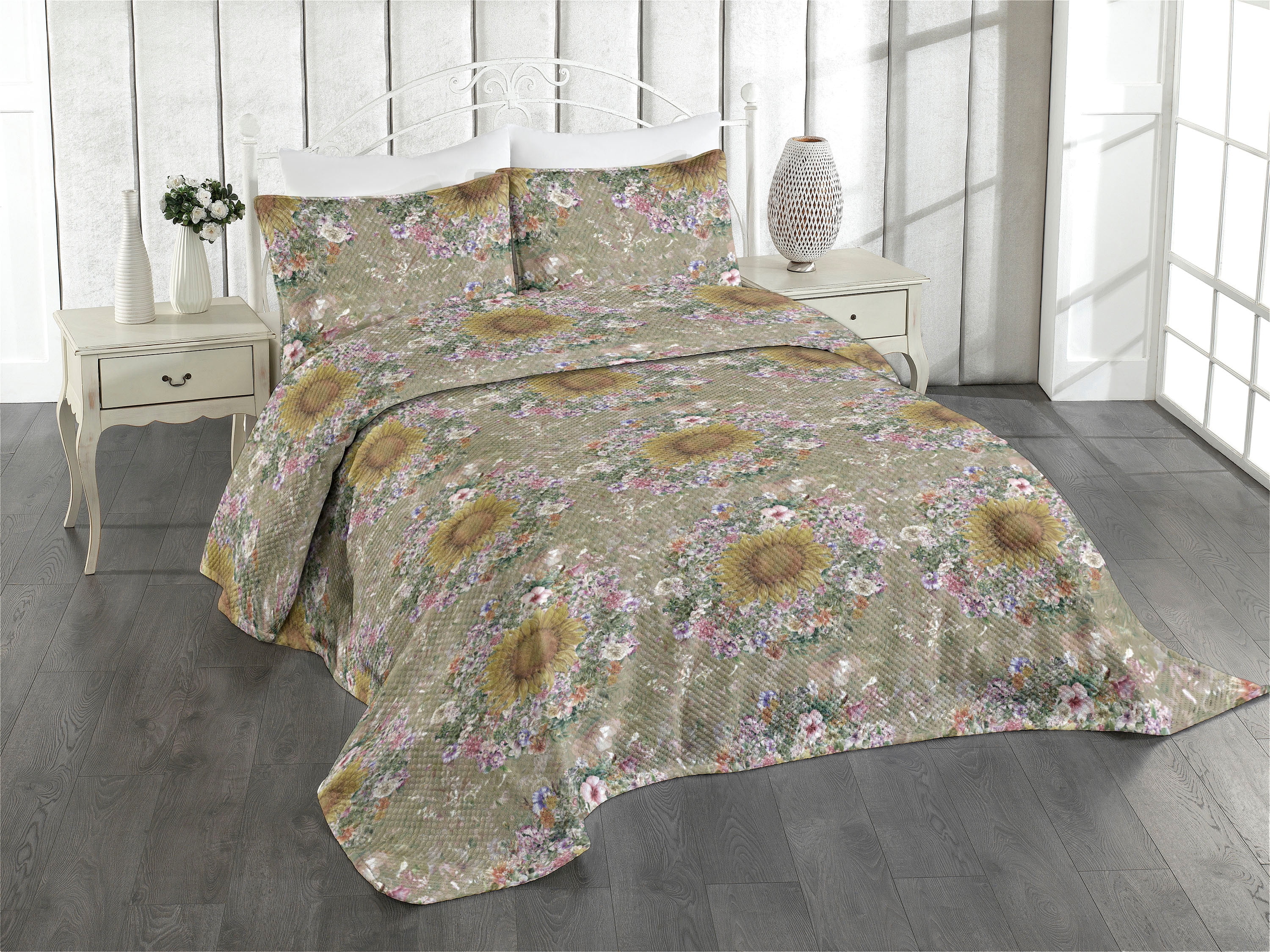 Ambesonne Sunflower Quilted Coverlet 3 Pcs, Blooming Flower Petal Art ...