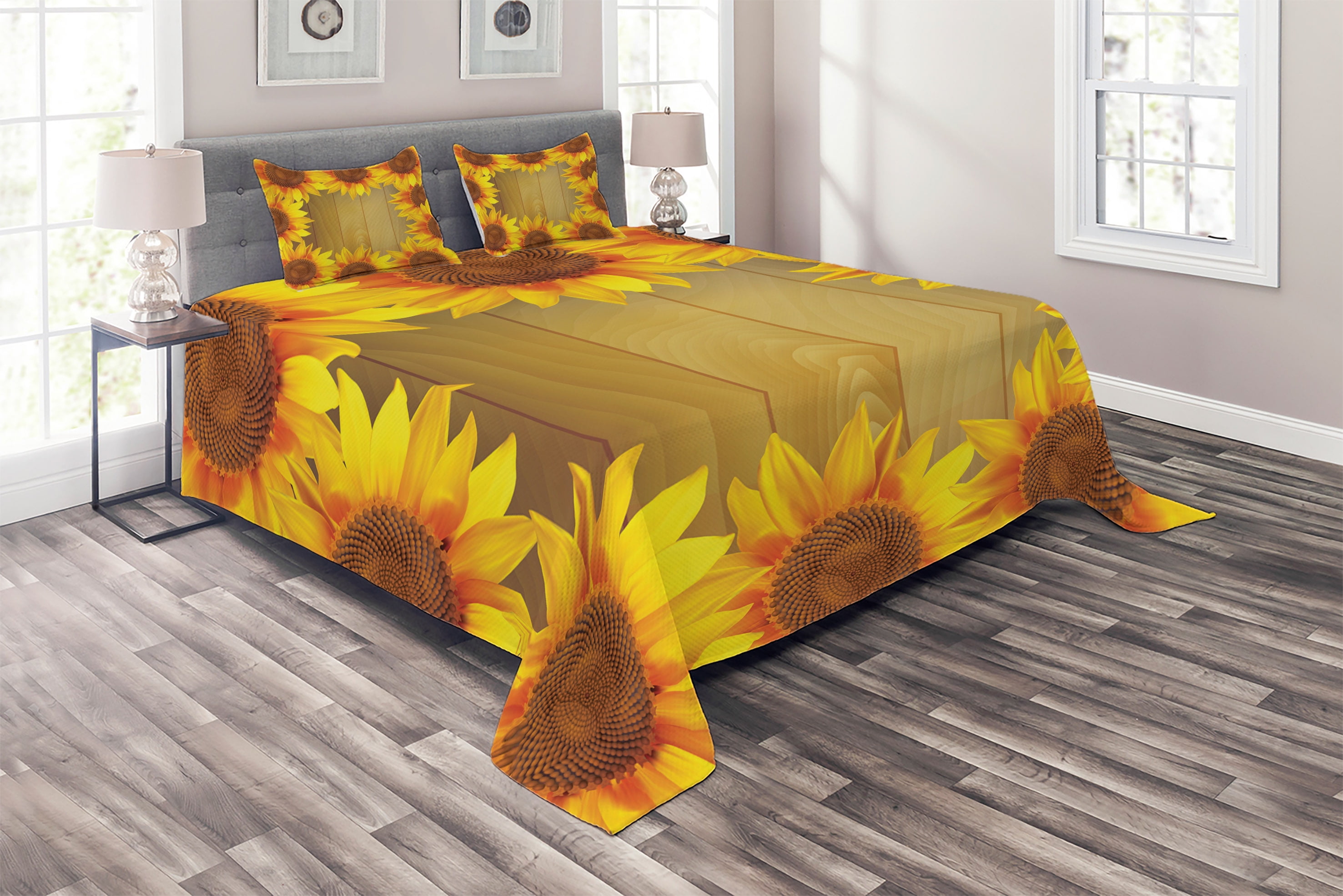 Ambesonne Sunflower Quilted Coverlet 3 Pcs, Flower Frame Circle, Queen ...