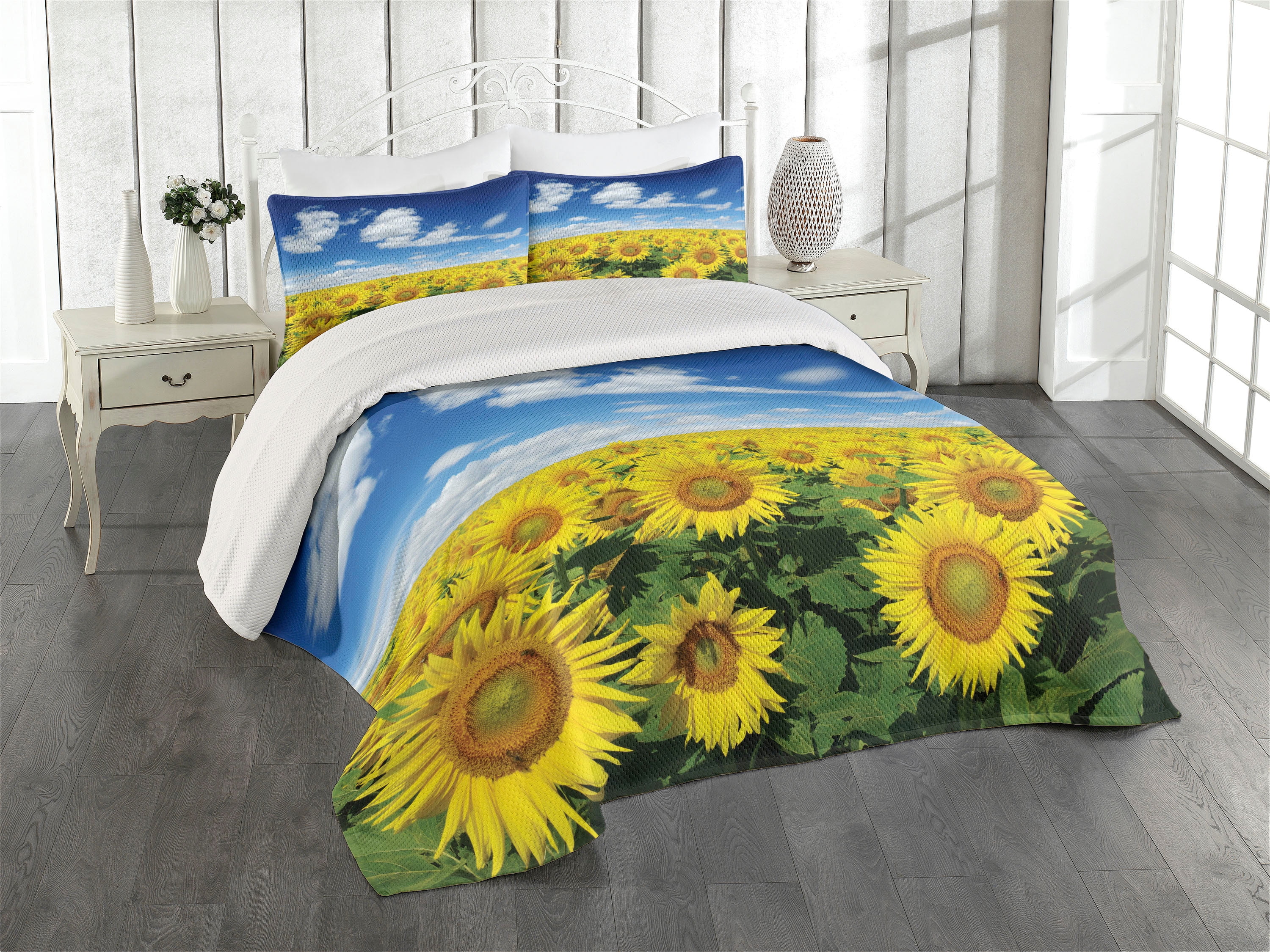Ambesonne Sunflower Quilted Coverlet 3 Pcs, Fresh Field Country, Queen ...