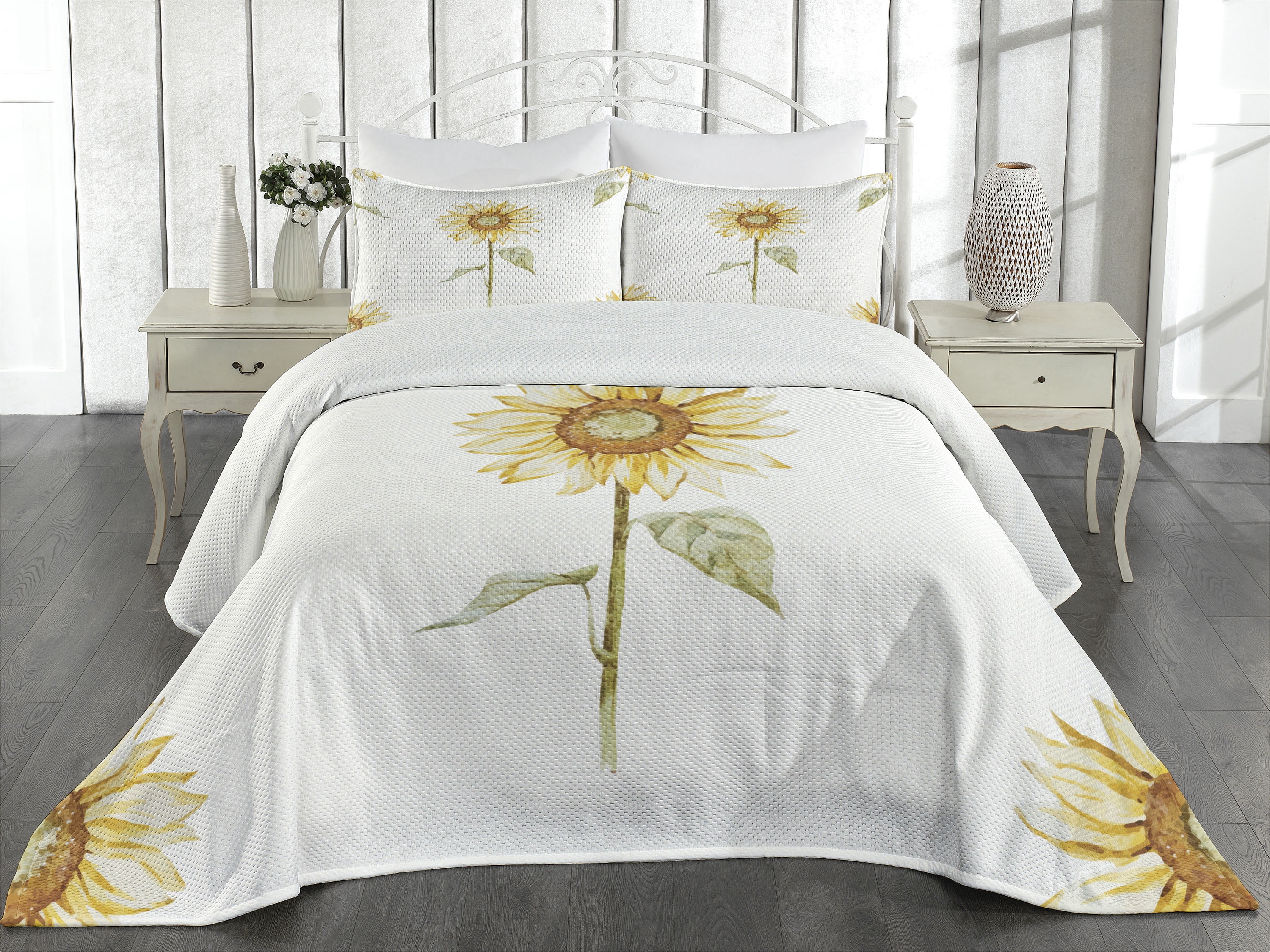 Ambesonne Sunflower Quilted Coverlet 3 Pcs, Minimalistic Art, King Size ...
