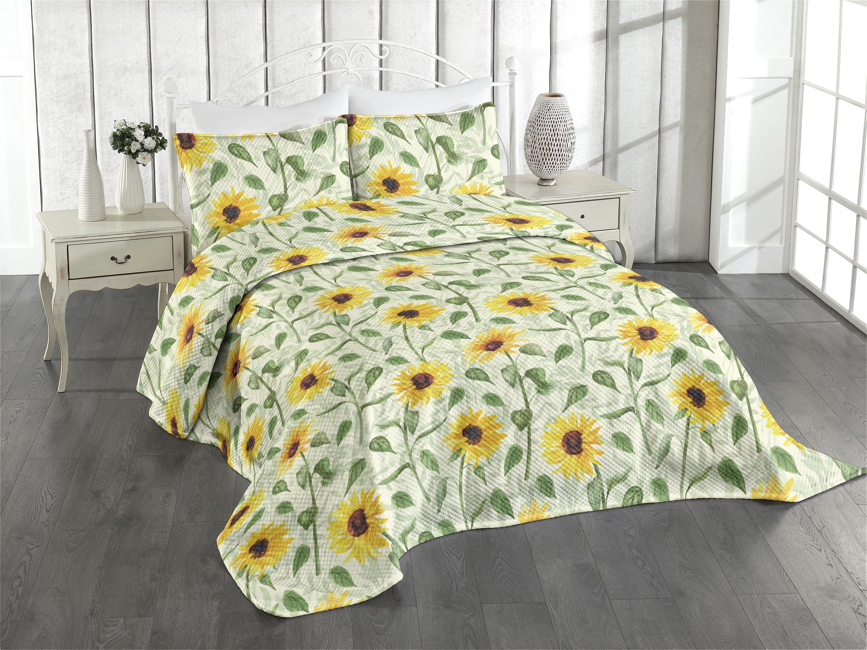Ambesonne Sunflower Quilted Coverlet 3 Pcs, Summer Flowers Country ...