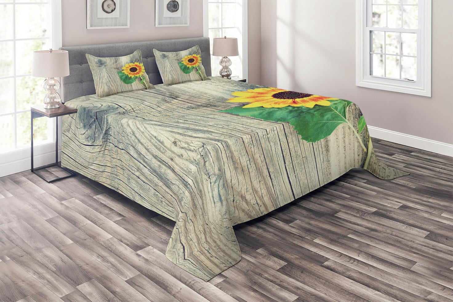 Ambesonne Sunflower Quilted Coverlet 3 Pcs, Wood Board Bouquet, King ...