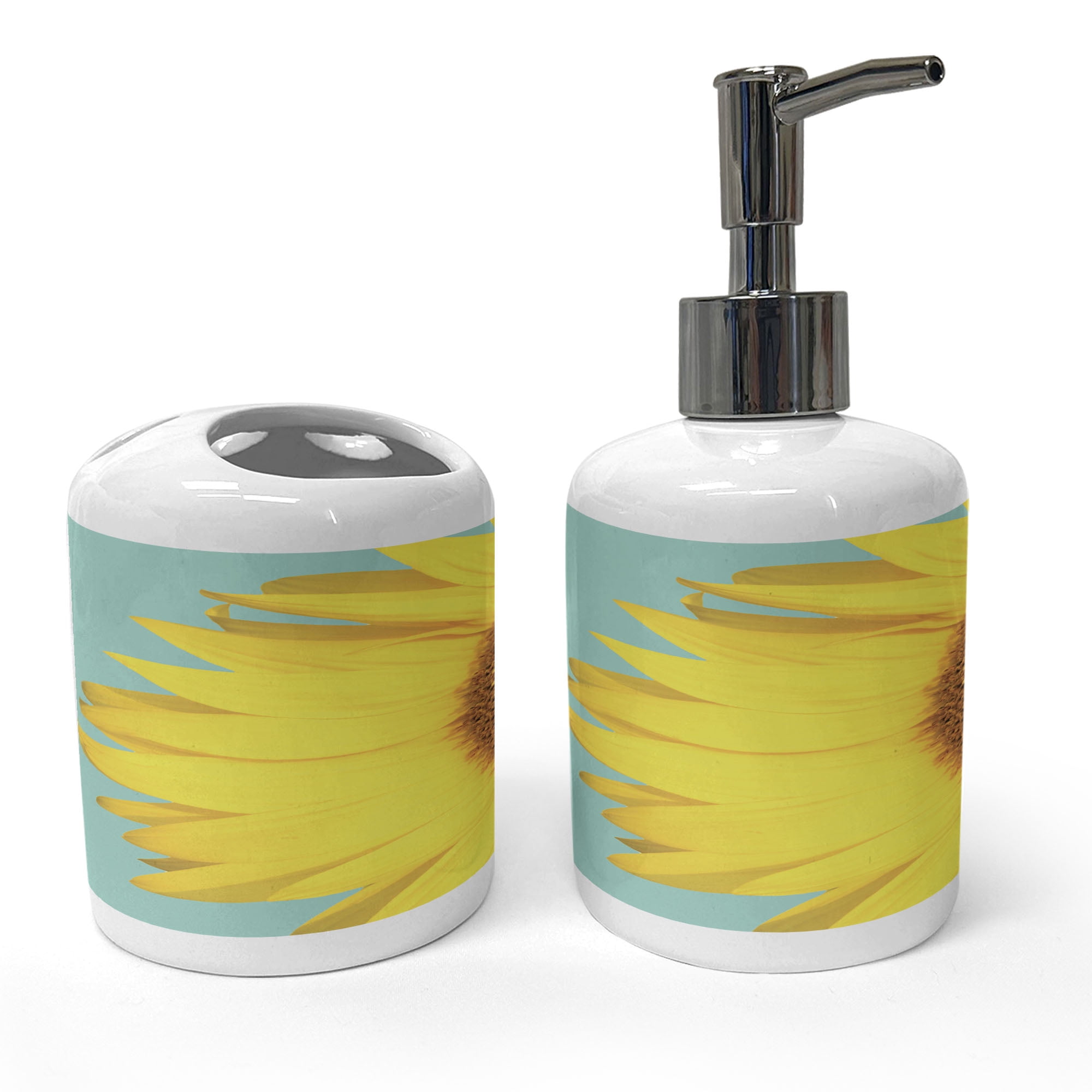 Ambesonne Sunflower Soap Dispenser & Toothbrush Holder Set, Close up ...