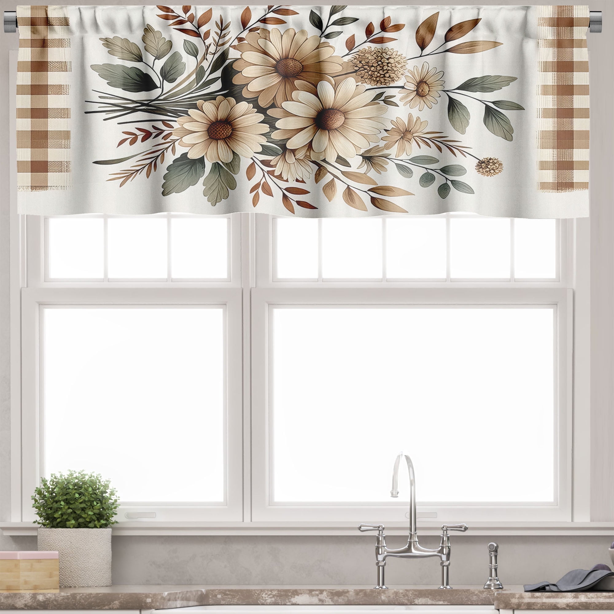 Ambesonne Sunflower Window Valance, Plaid Autumn Tones Leaves, 54" X 12 ...