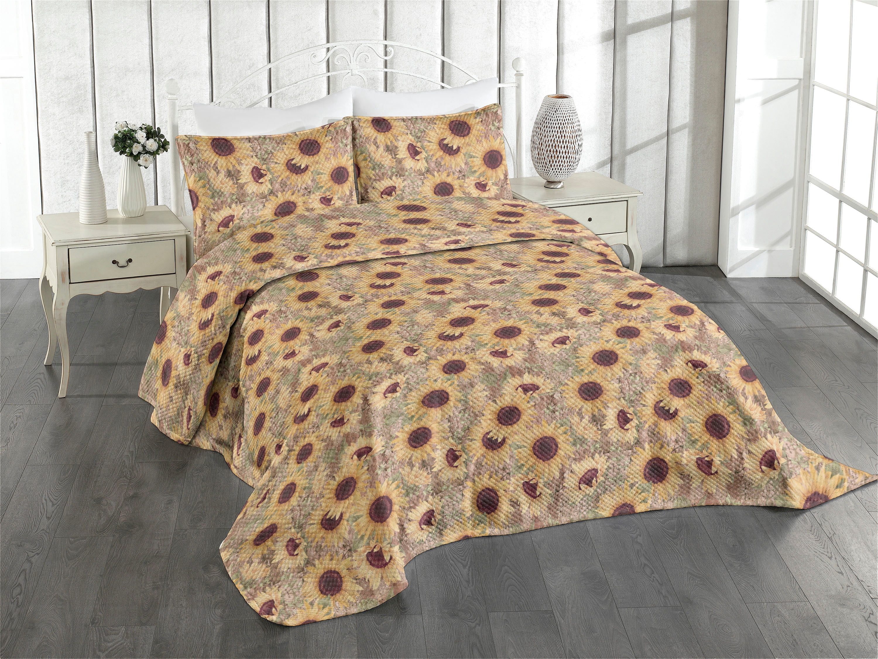 Ambesonne Sunflowers Quilted Coverlet 2 Pcs, Summer Flowers Vintage ...