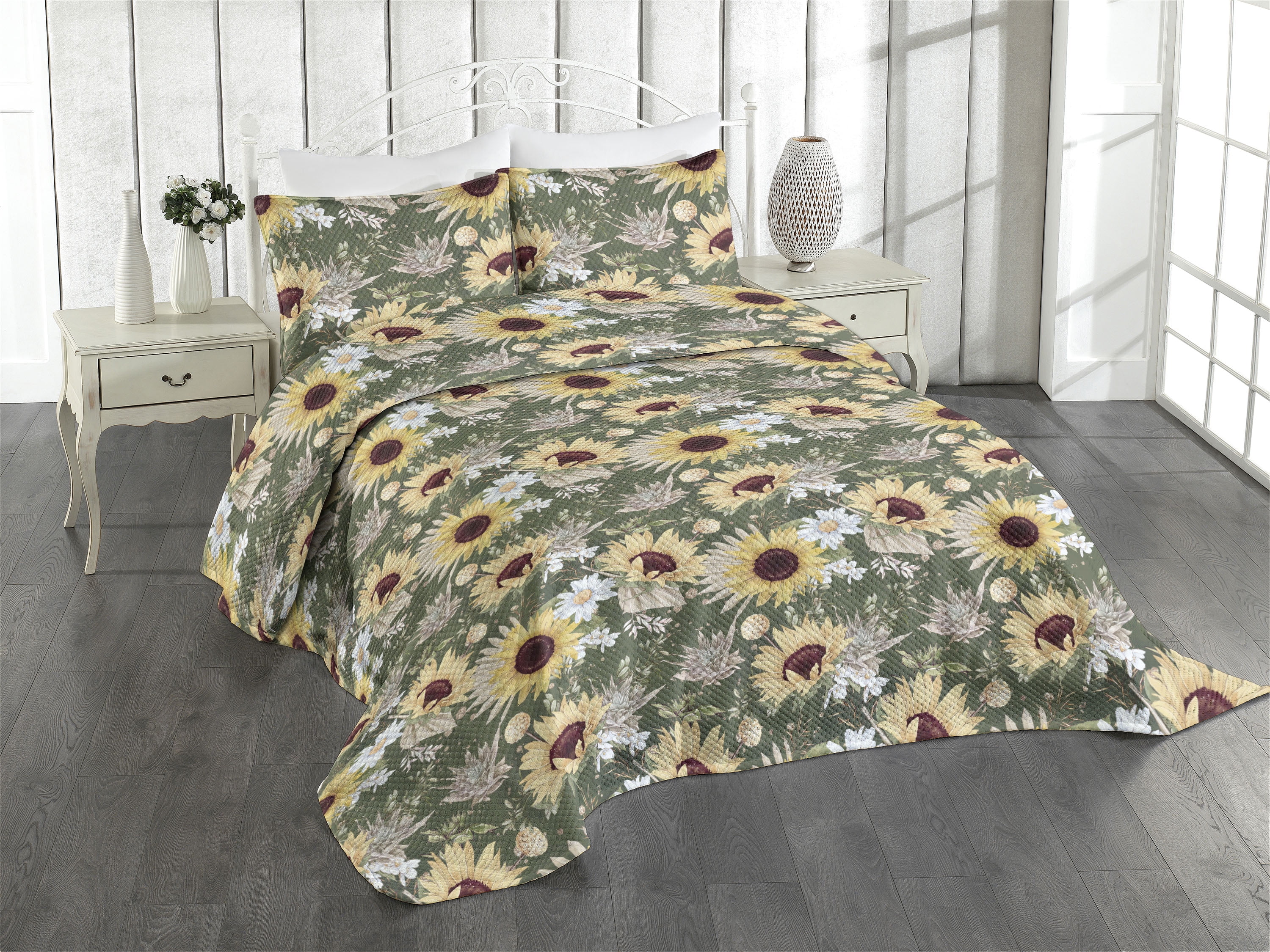 Ambesonne Sunflowers Quilted Coverlet 3 Pcs, Nostalgic Floral Summer ...
