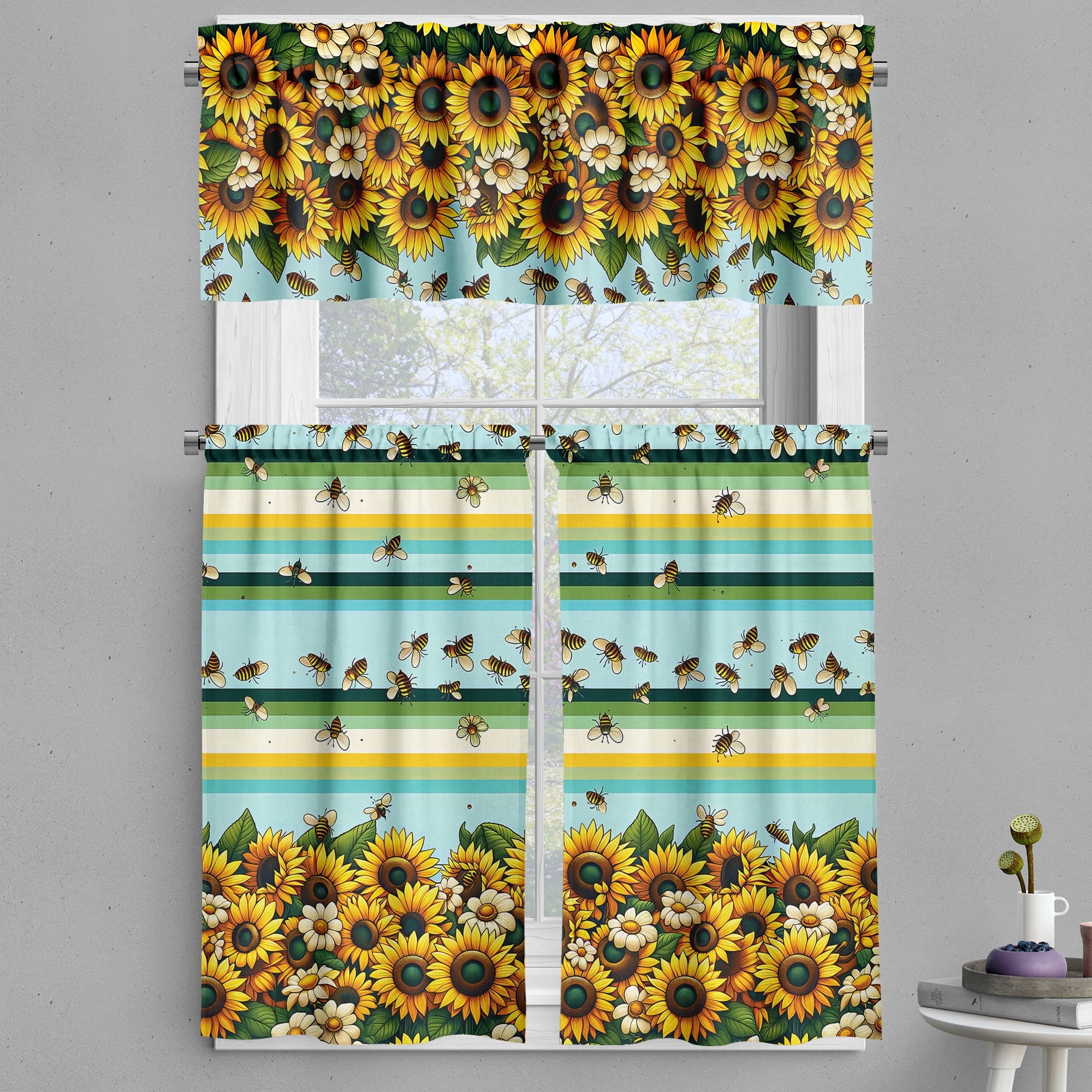 Ambesonne Sunflowers Valance & Curtain 3 Pcs Set, Flying Bees Jumble ...