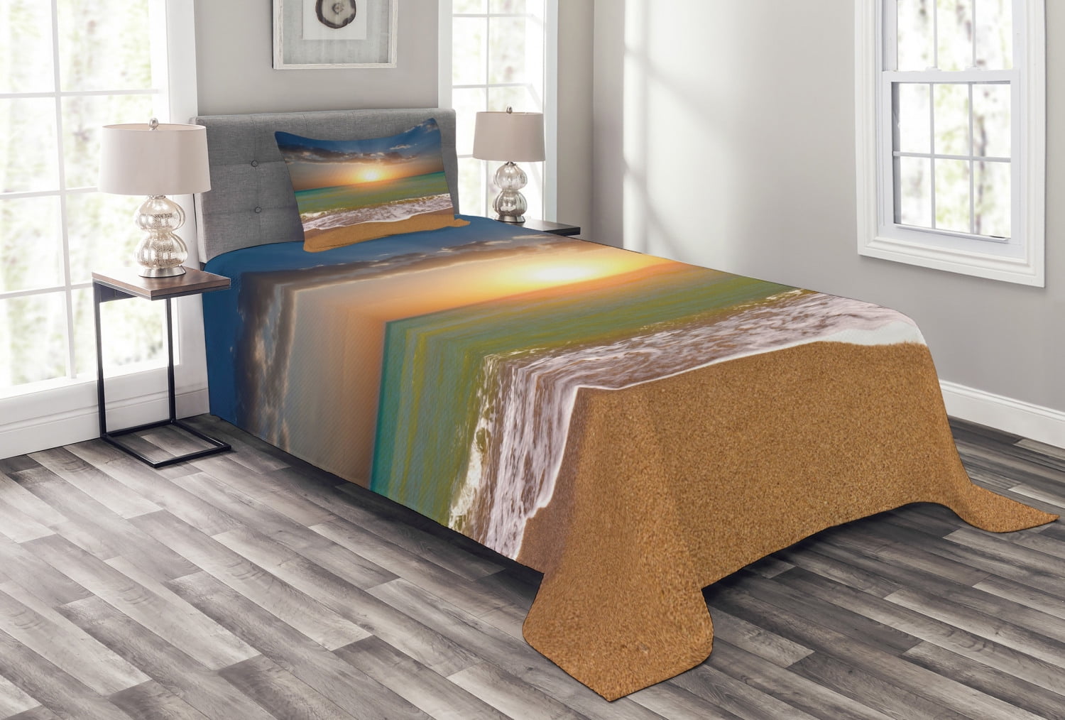 Ambesonne Sunset Quilted Bedspread Set 2 Pcs, Idyllic Beach Scenery ...