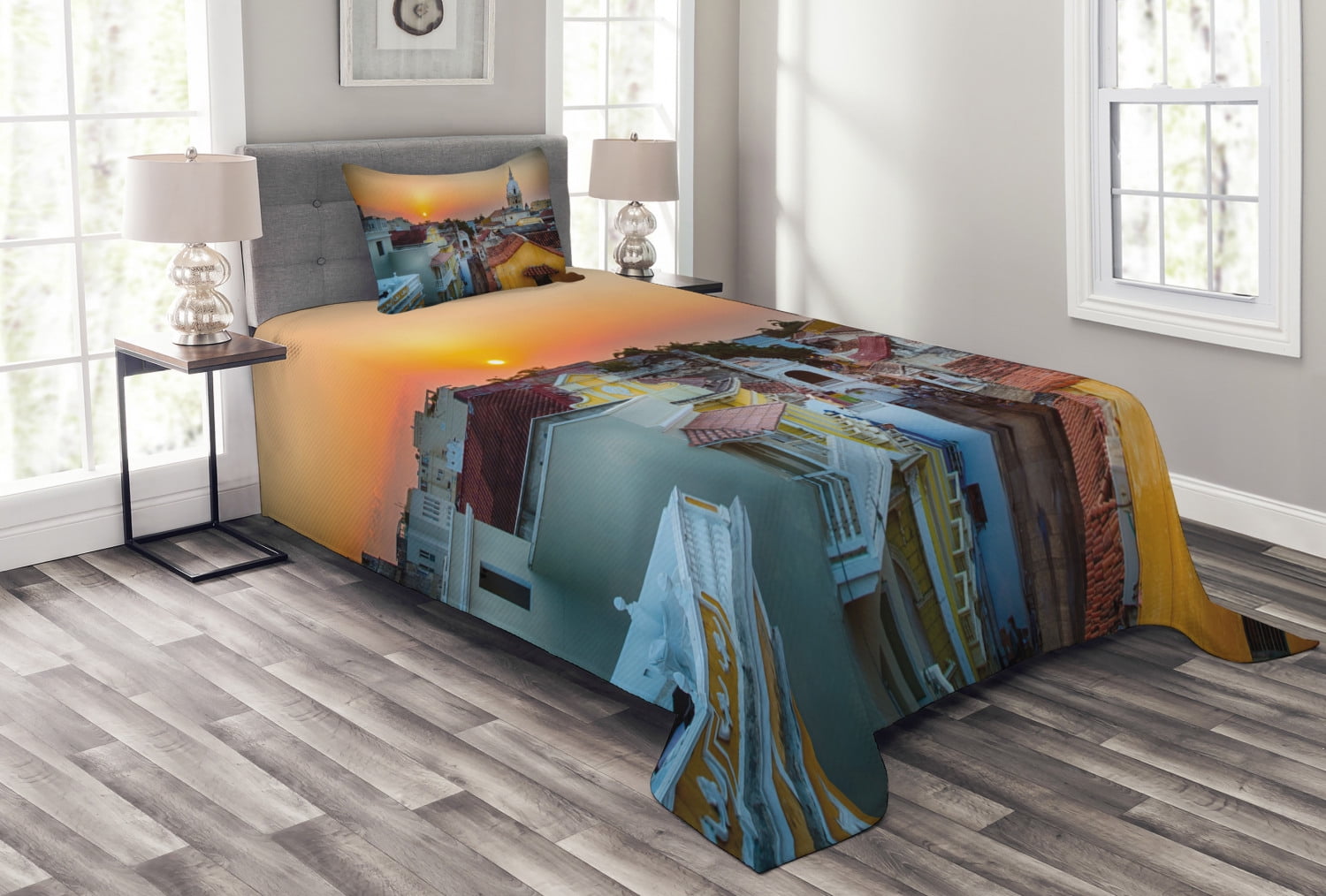 Ambesonne Sunset Quilted Bedspread Set 2 Pcs, Rooftops Old City Coast ...