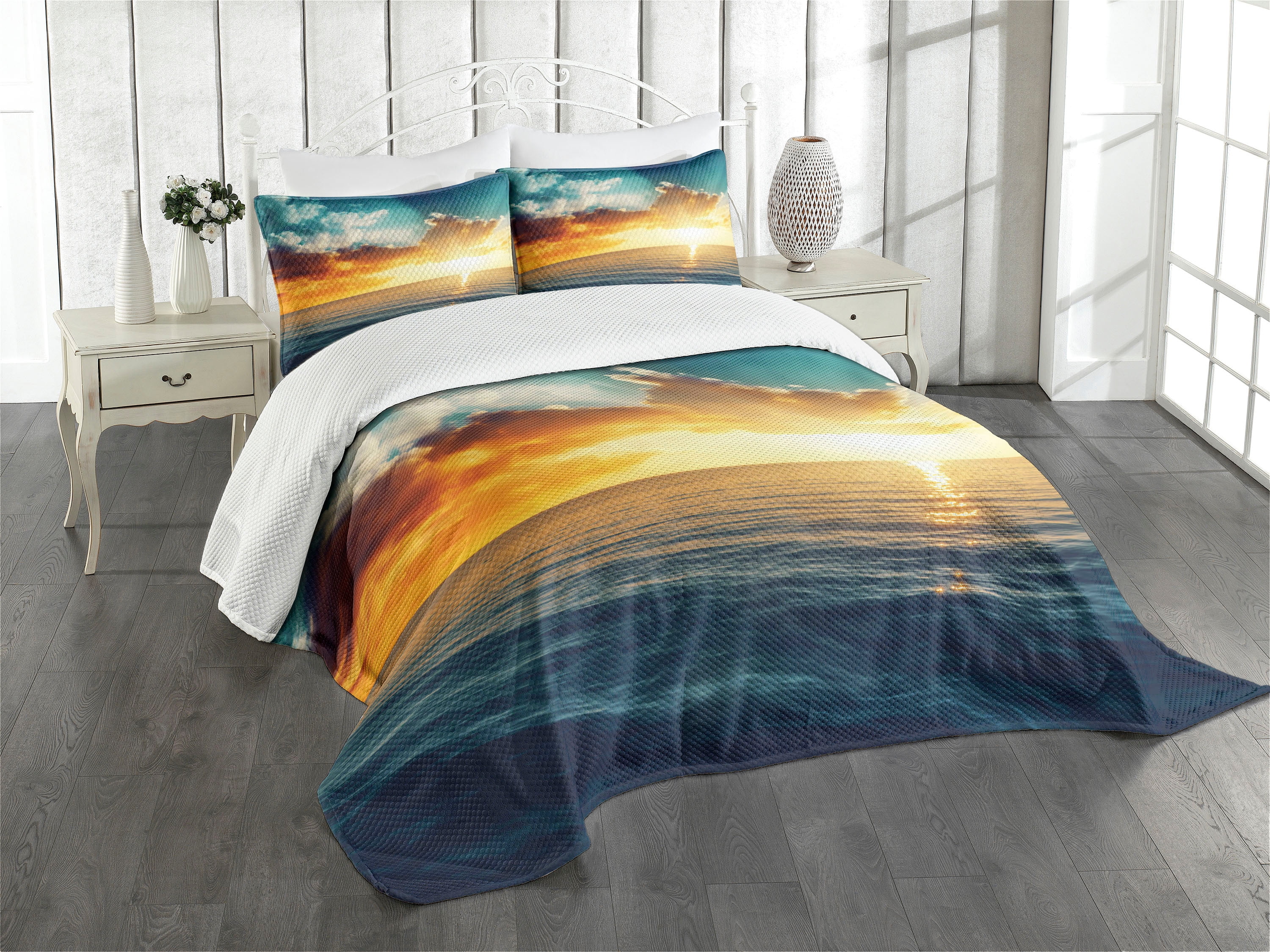 Ambesonne Sunset Quilted Bedspread Set 3 Pcs, Horizon Panorama, Queen ...