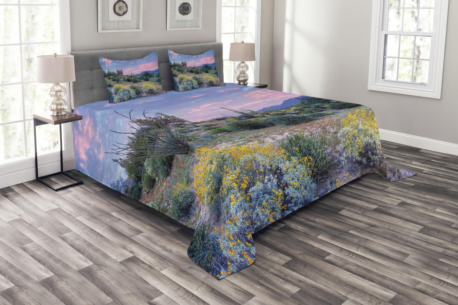 Ambesonne Sunset Quilted Bedspread Set 3 Pcs, Mountain Floral Scenery ...