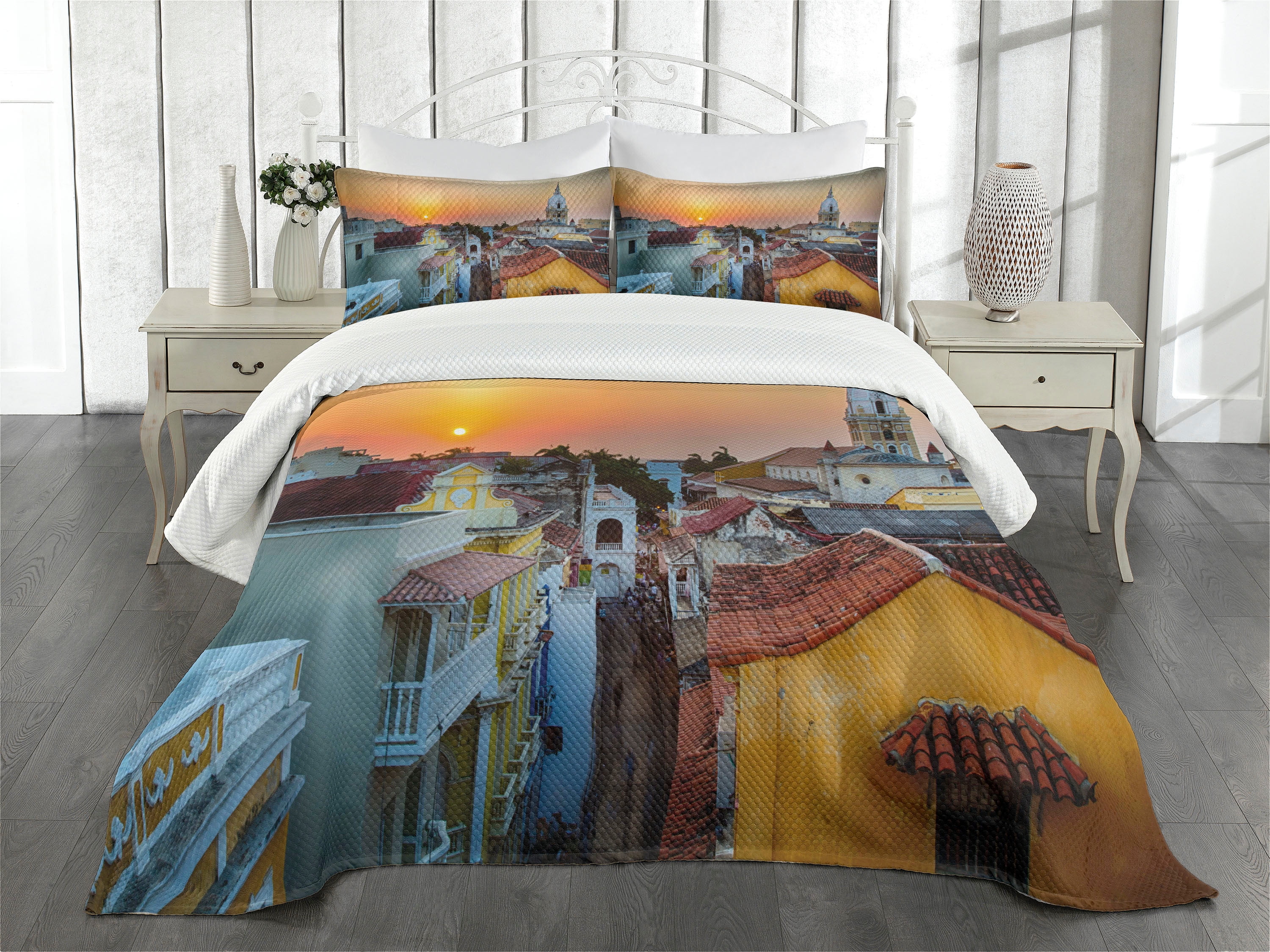 Ambesonne Sunset Quilted Bedspread Set 3 Pcs, Rooftops Old City Coast ...