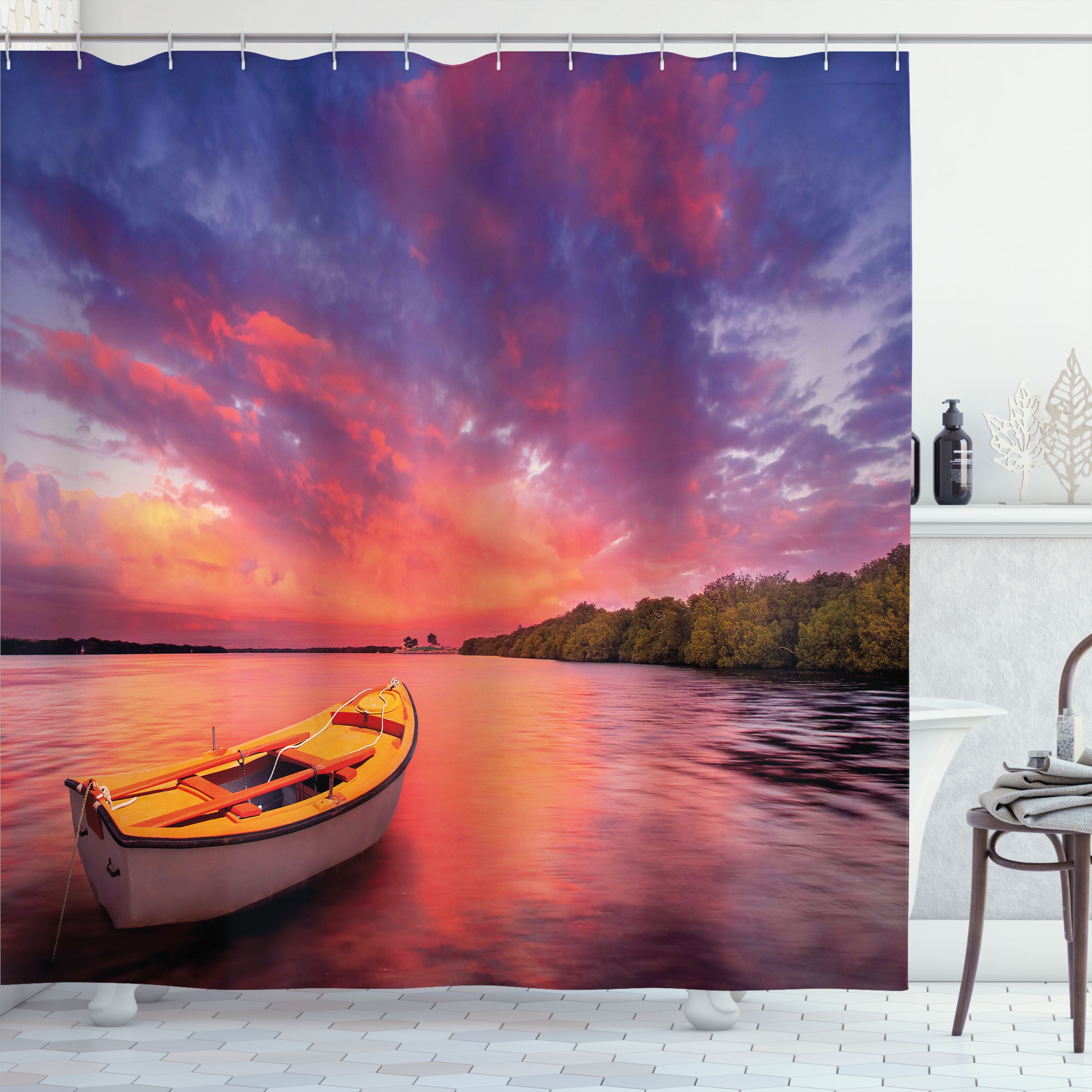 Ambesonne Sunset Shower Curtain, Sea Coast with a Rowboat, 69"Wx75"L ...