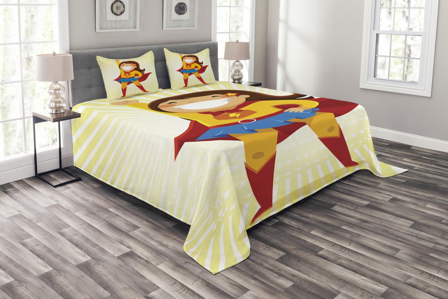 Ambesonne Superhero Quilted Bedspread Set 3 Pcs, Heroine Girl Costume ...