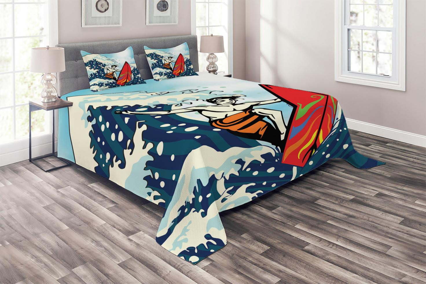 Ambesonne Surf Quilted Coverlet 3 Pcs, Summer Cartoon Surfing Boy ...