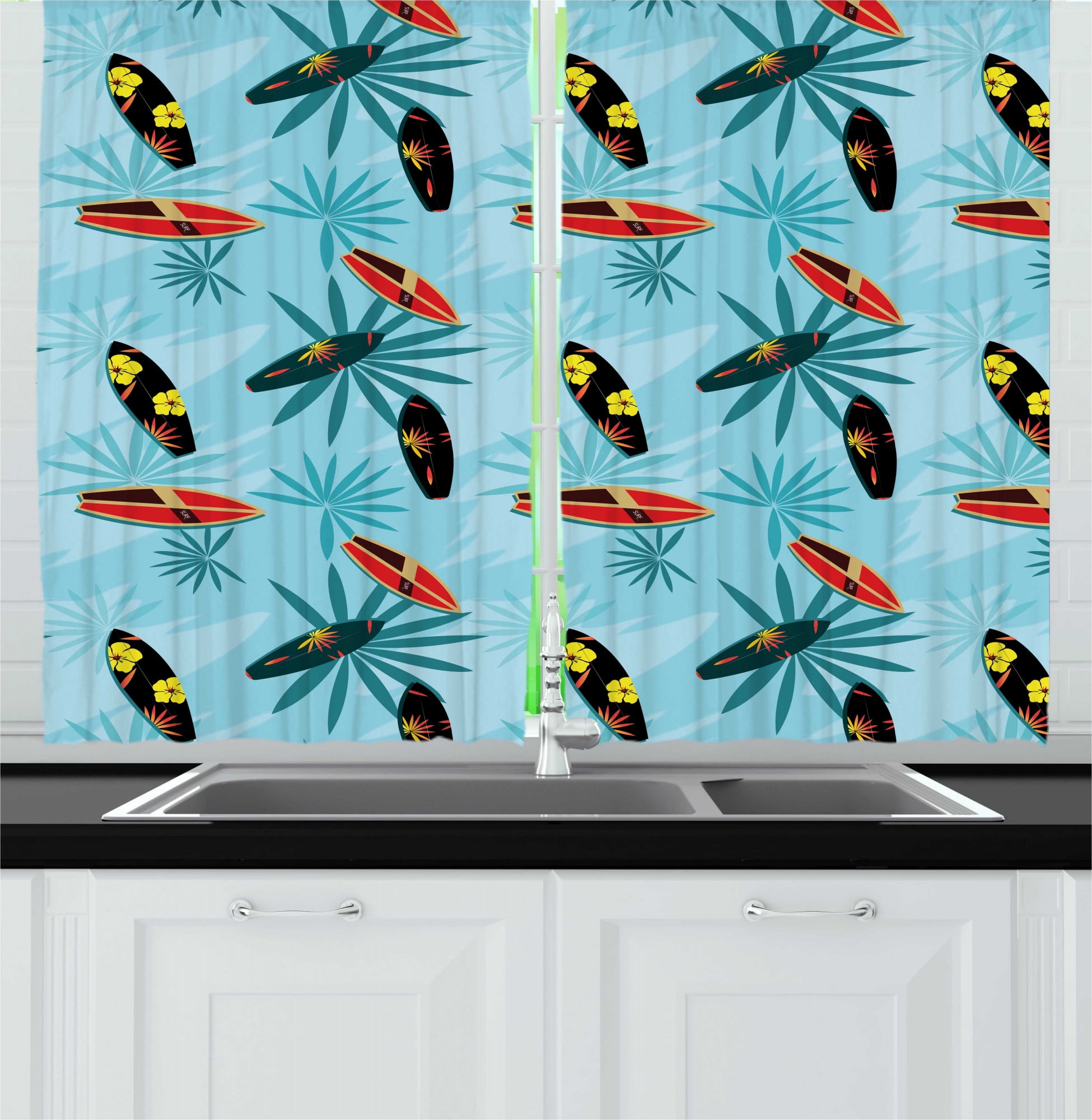 Ambesonne Surfing Kitchen Curtains, Tropical Boards and Palms, 55"x45 ...
