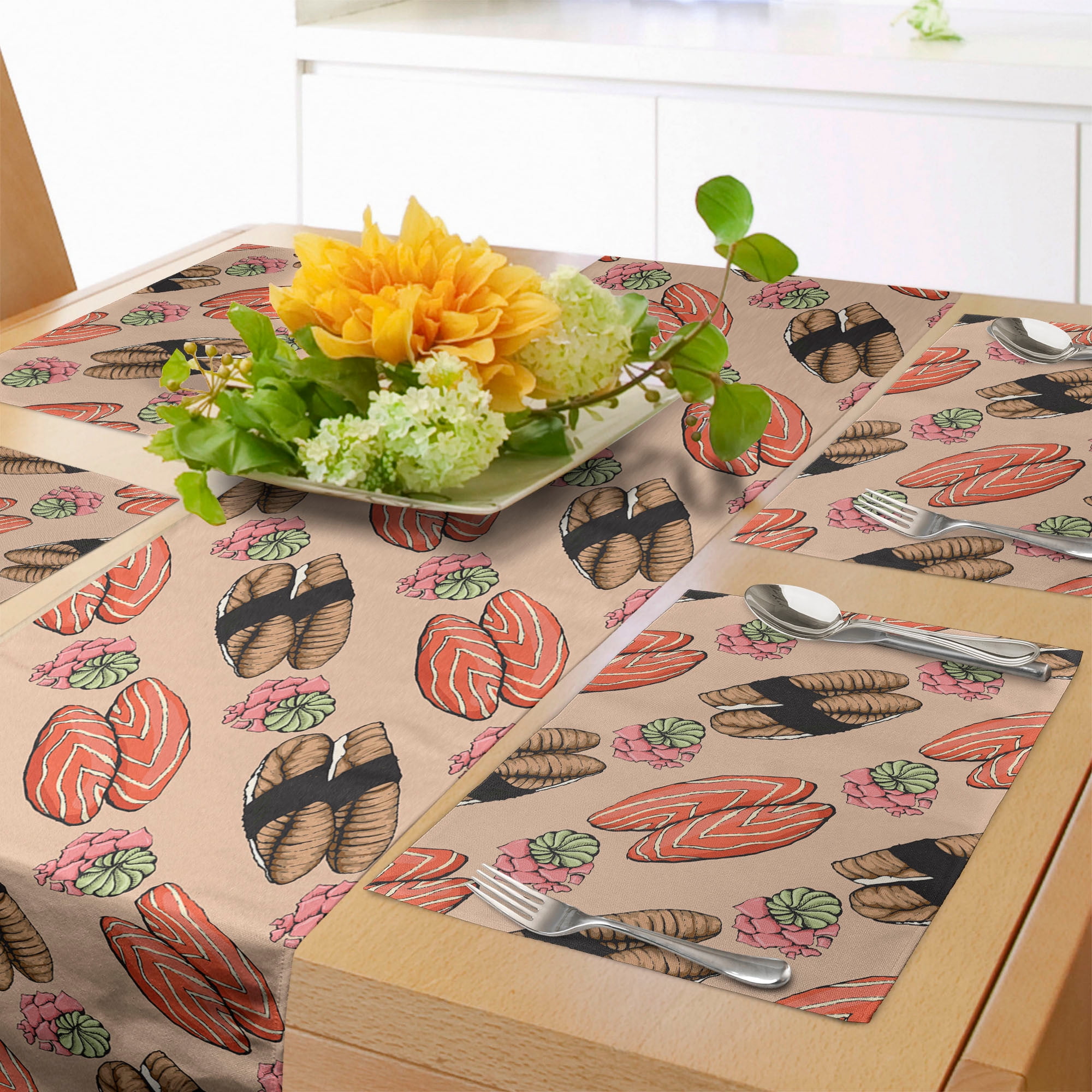 Ambesonne Sushi Table Runner & Placemats, Japanese Food Sashimi Rolls ...