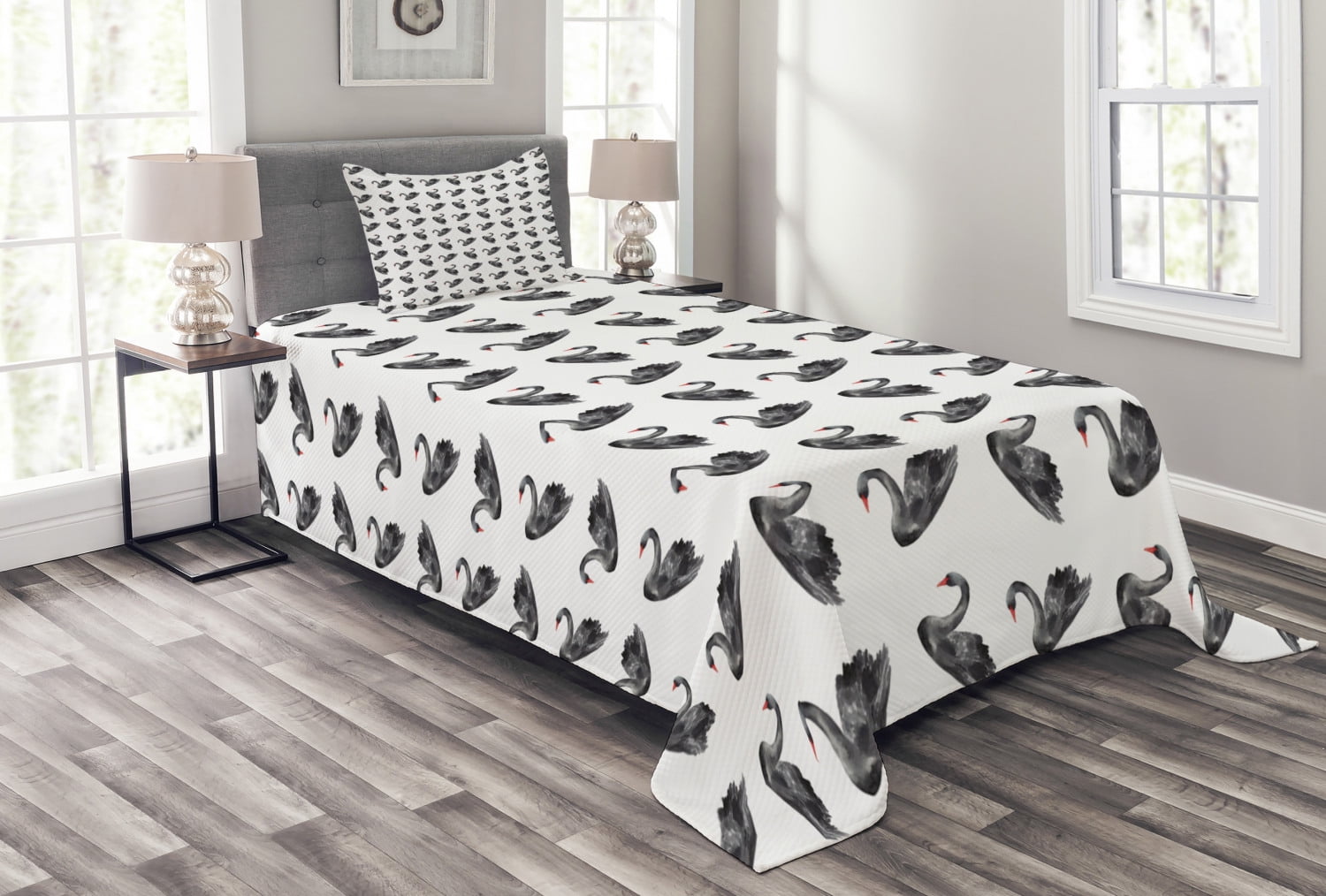 Ambesonne Swan Quilted Bedspread Set 2 Pcs, Aquarelle Black Birds, Twin ...