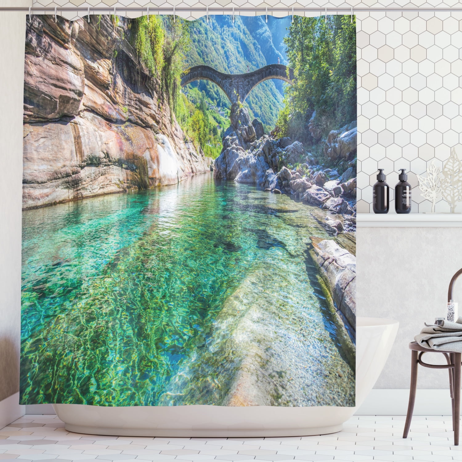 Ambesonne Switzerland Shower Curtain, Double Arched Bridge, 69"Wx75"L ...