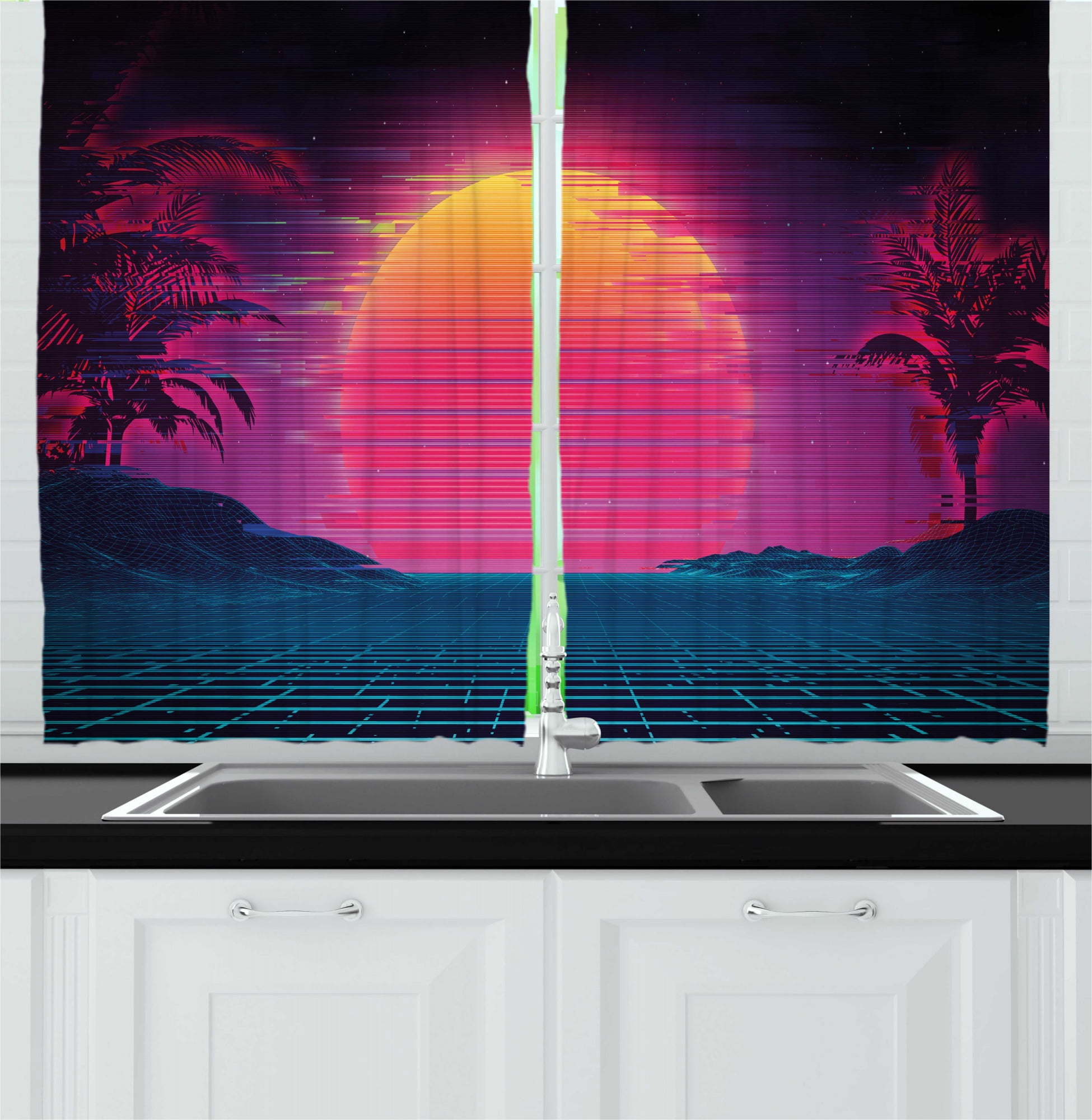 Ambesonne Synthwave Kitchen Curtains, Retro Futurism Sun Palms, 55"x45 ...