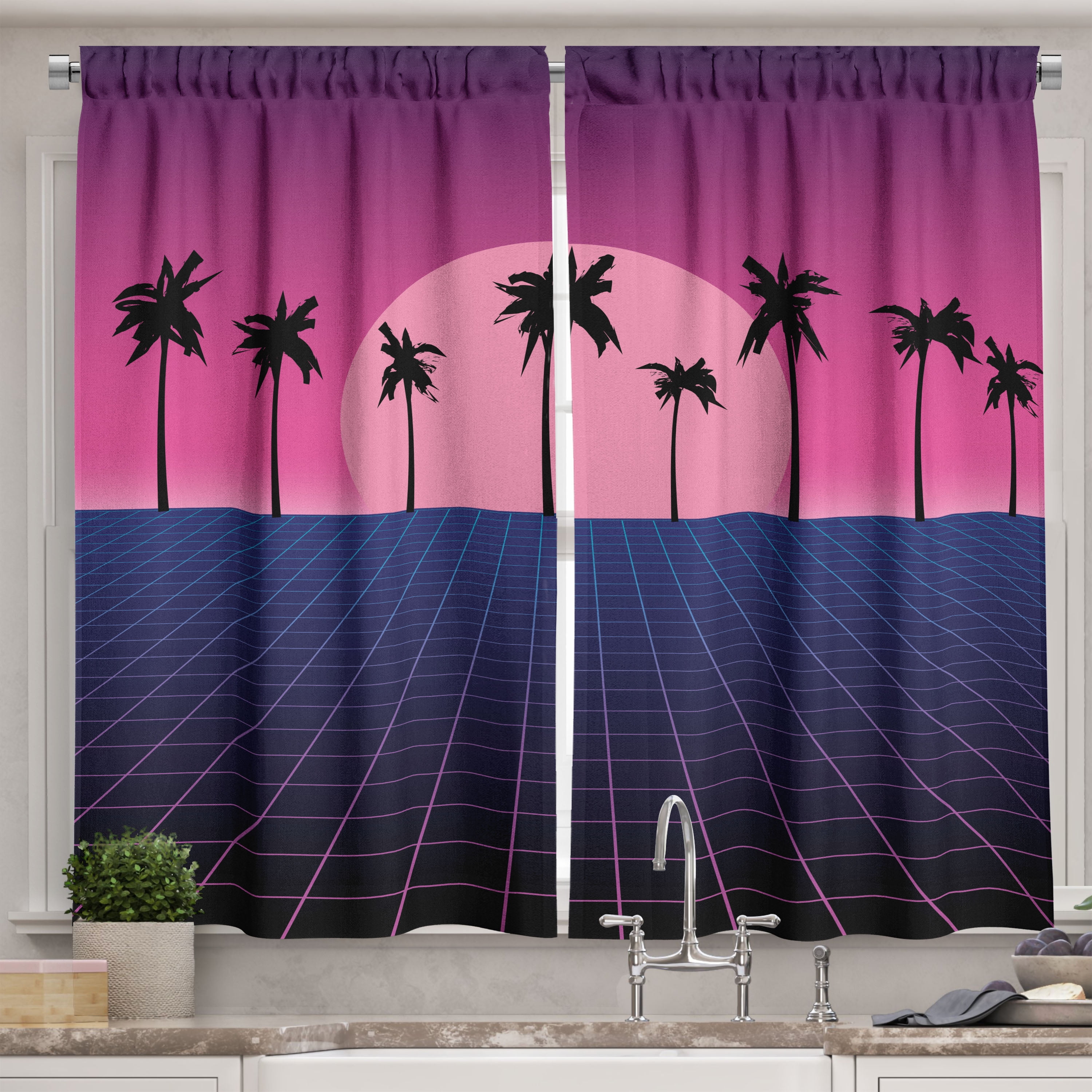 Ambesonne Synthwave Kitchen Curtains, Retro Grid Palms and Moon, 55"x45 ...
