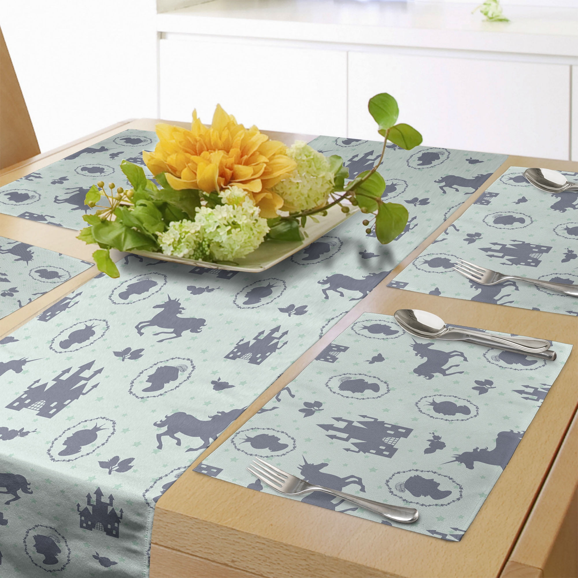 Ambesonne Tale Table Runner & Placemats, Royals Castle and Unicorn ...