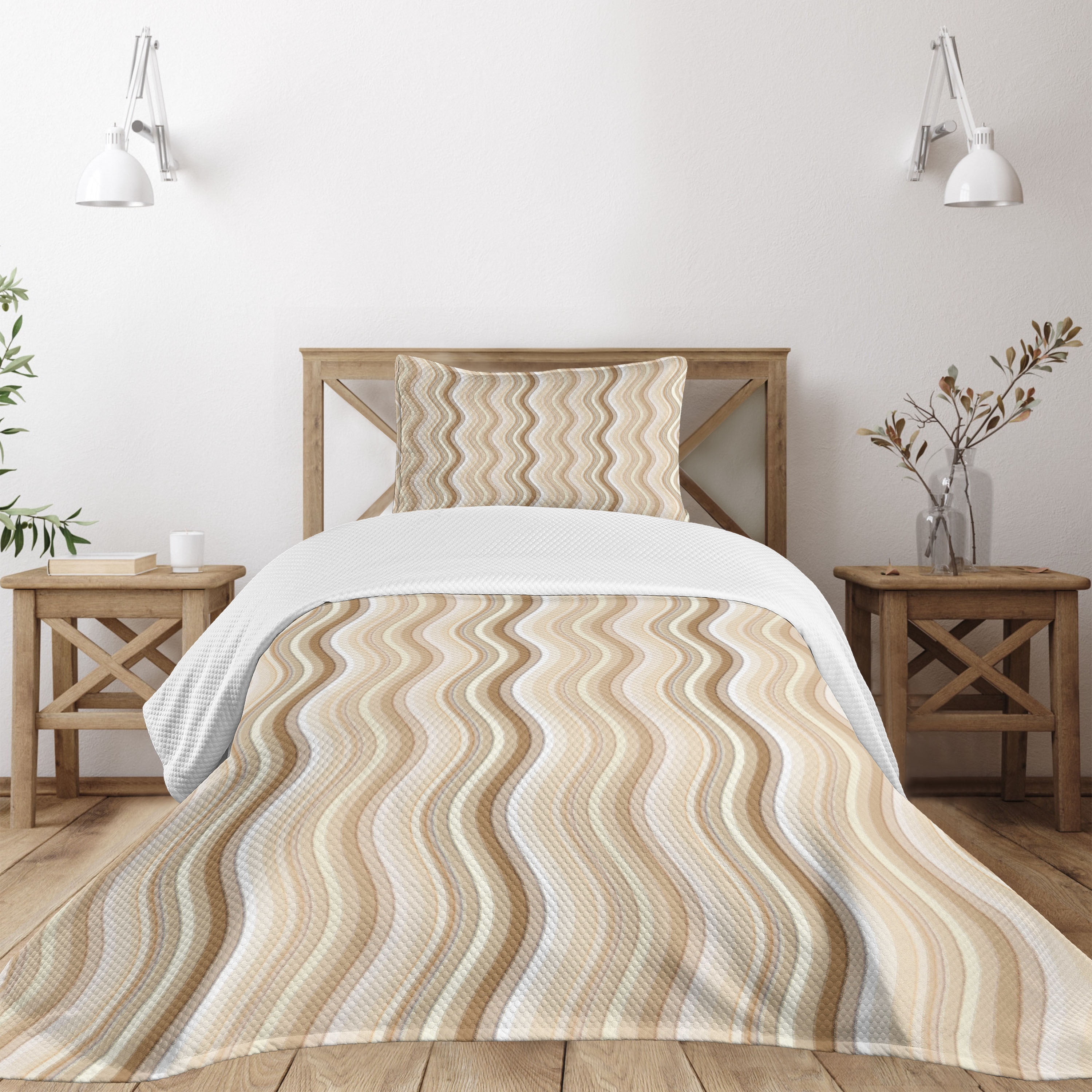 Ambesonne Tan Quilted Bedspread Set 2 Pcs, Wavy Lines Vertical Swirl ...