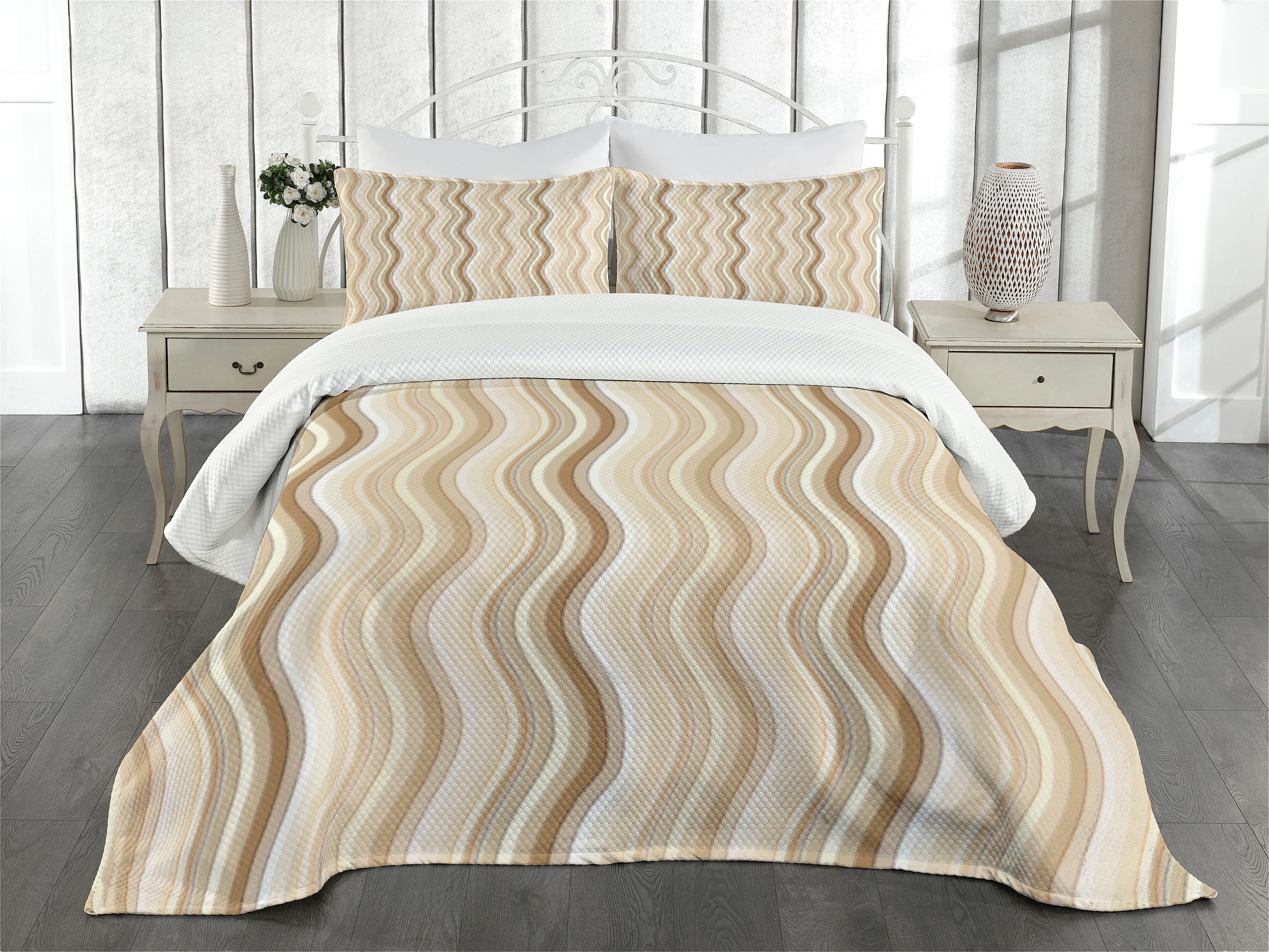Ambesonne Tan Quilted Bedspread Set 3 Pcs, Wavy Lines Vertical Swirl ...