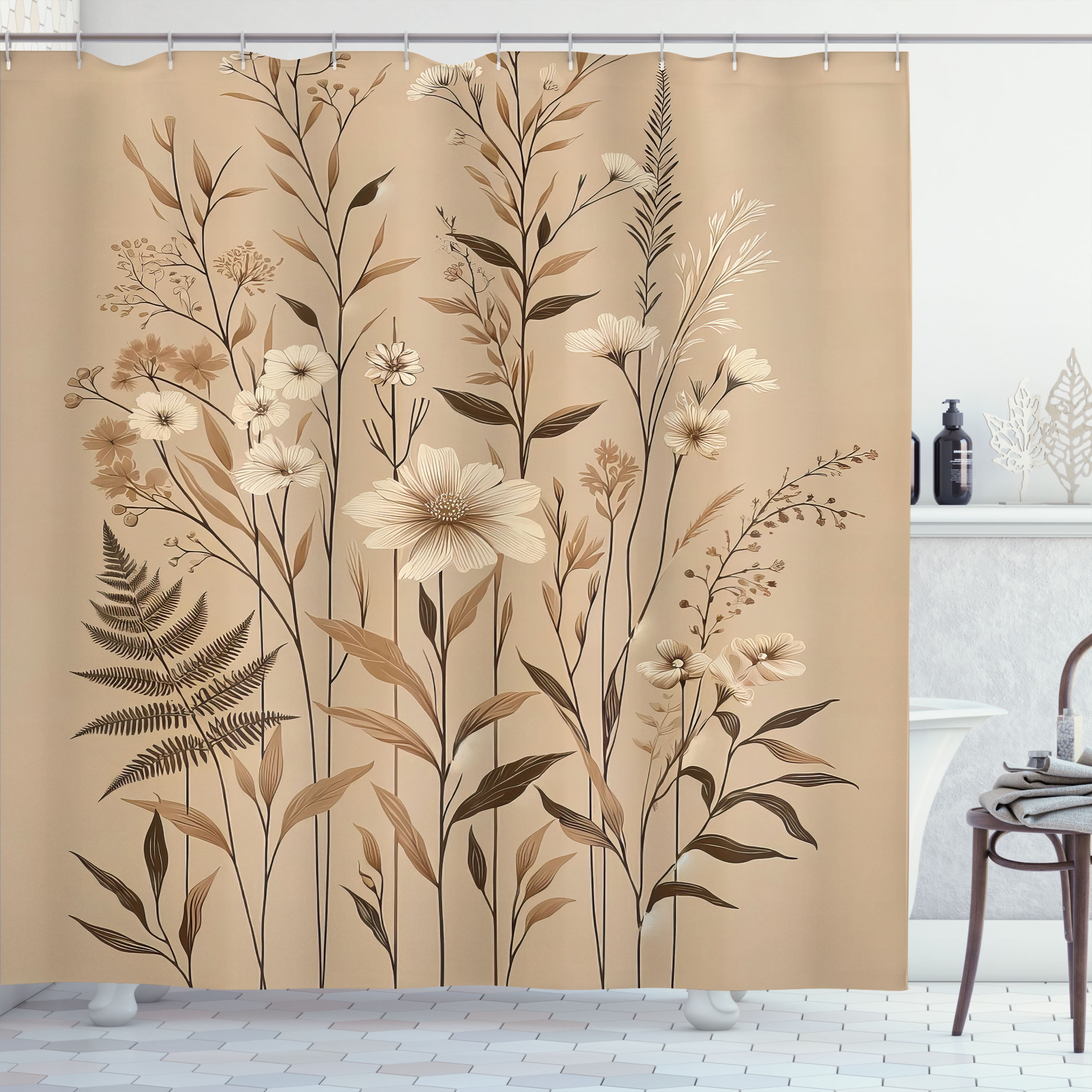 Ambesonne Tan Shower Curtain, Minimalistic Monochrome Floral, 69"Wx70"L ...
