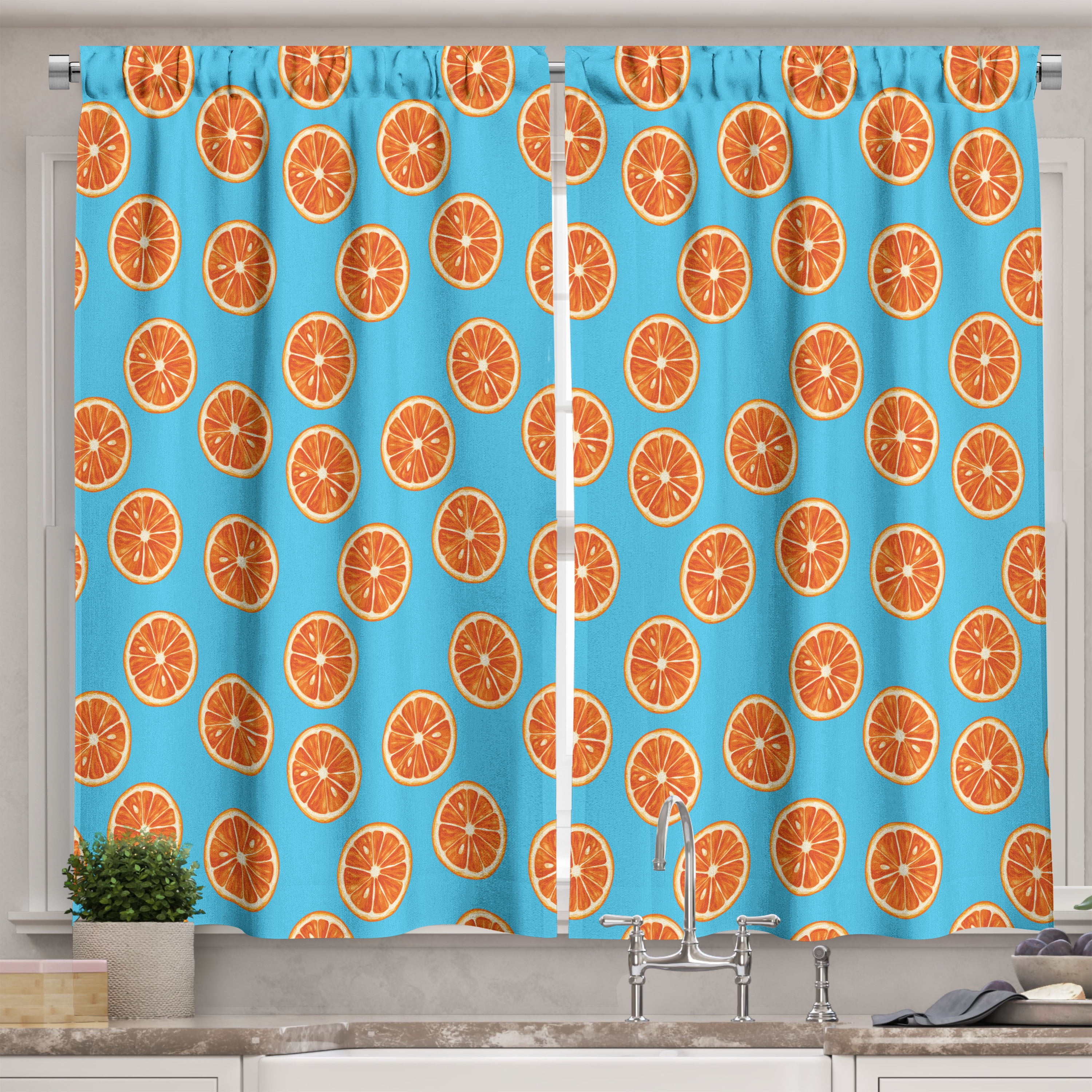 Ambesonne Tangerine Kitchen Curtains, Exotic Citrus Fruit Round, 55"x45 ...