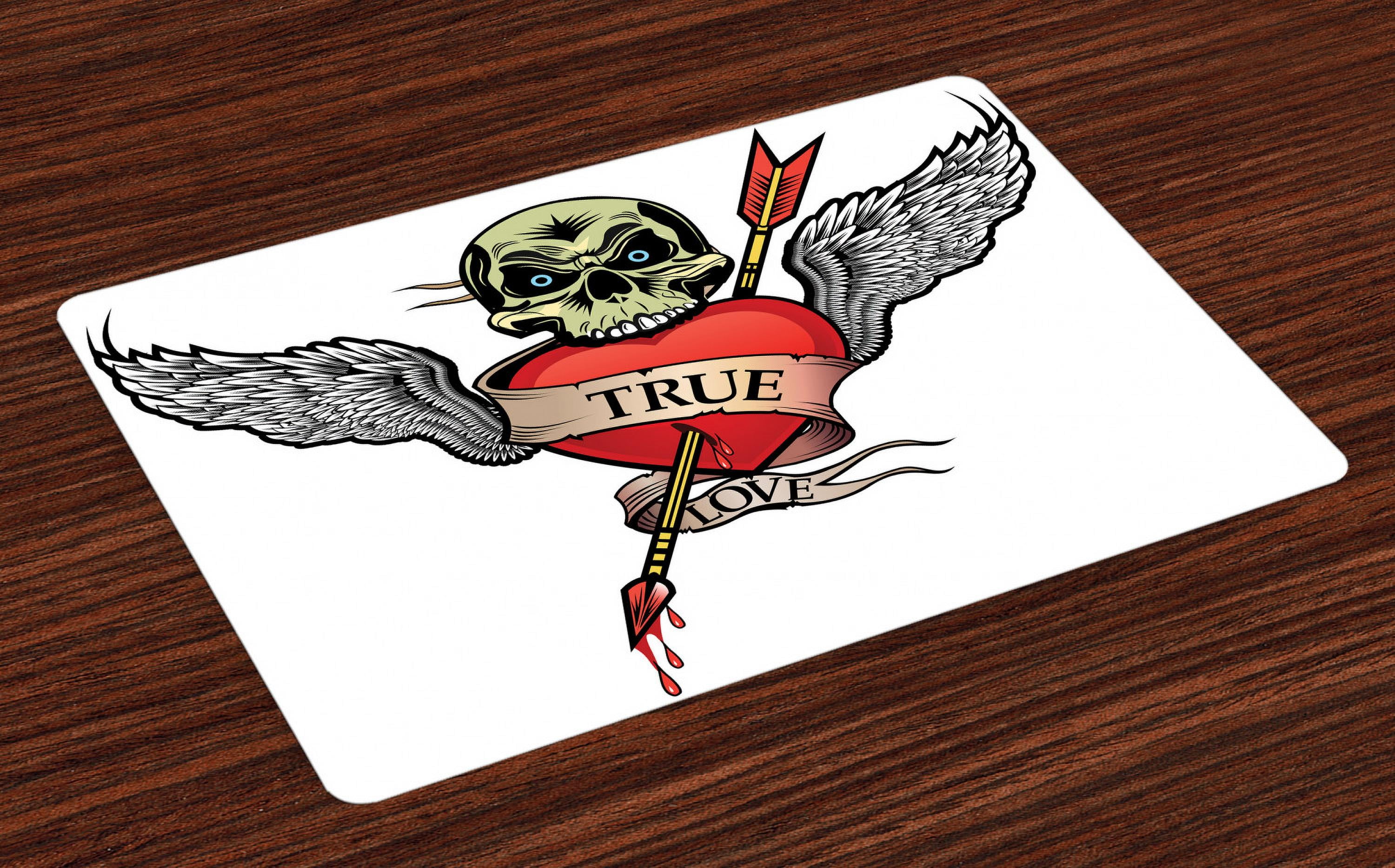Ambesonne Tattoo Themed Place Mats Set of 4, Old School Love Skull ...