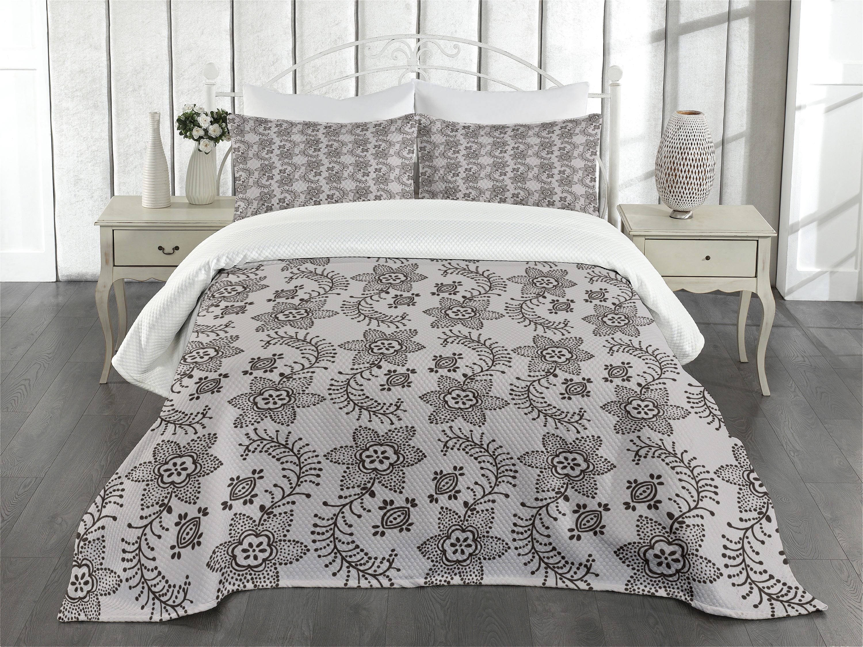 Ambesonne Taupe Quilted Bedspread Set 3 Pcs, Russian Boho, Queen Size ...