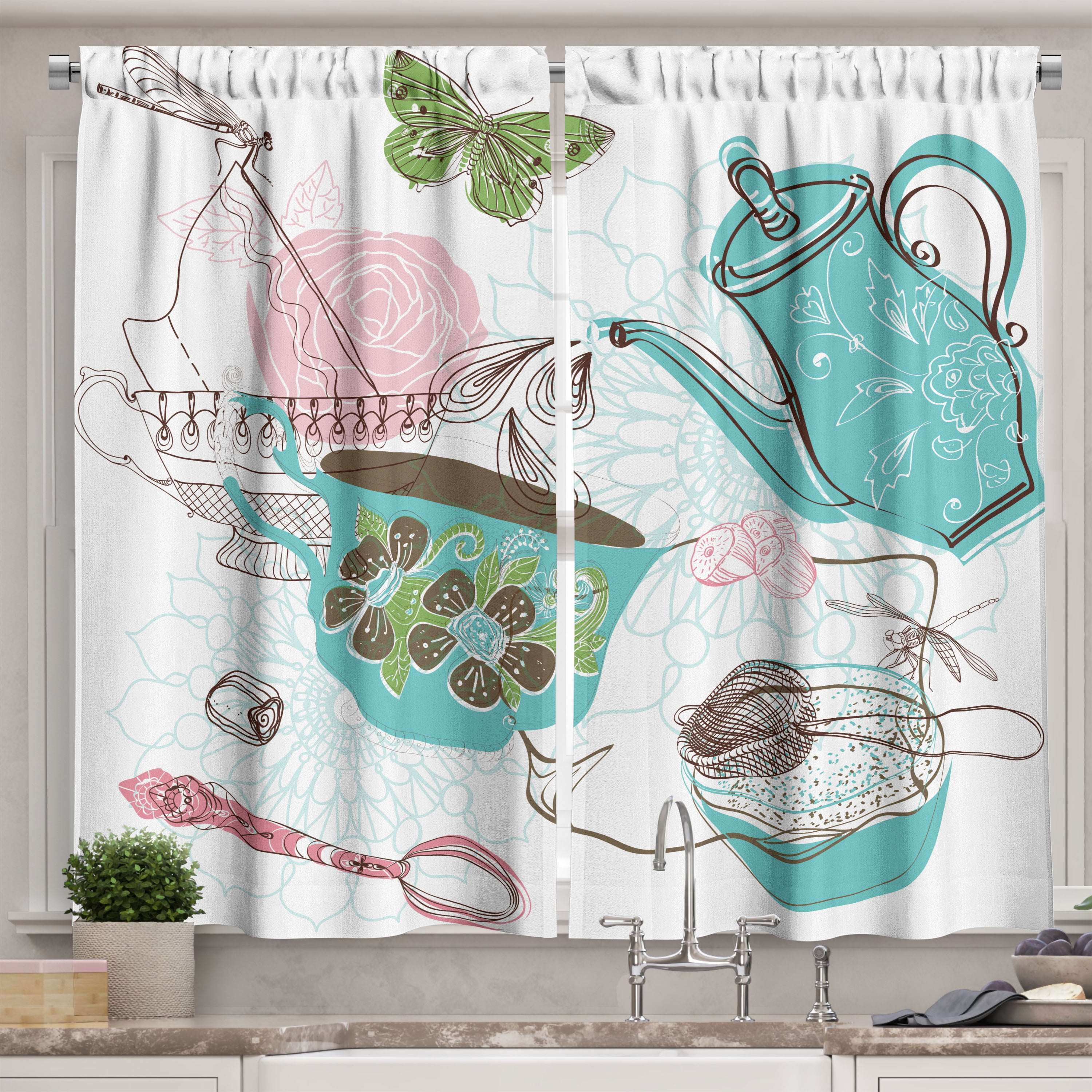 Ambesonne Tea Kitchen Curtains, Roses Butterflies Dragonflies, 55"x39 ...